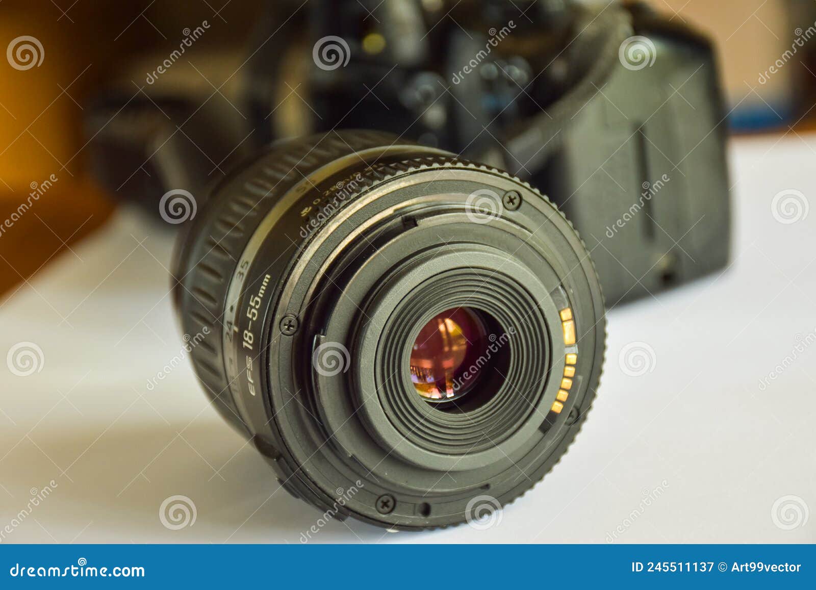 Lens and Camera on White Background and Soft Light Stock Image - Image ...