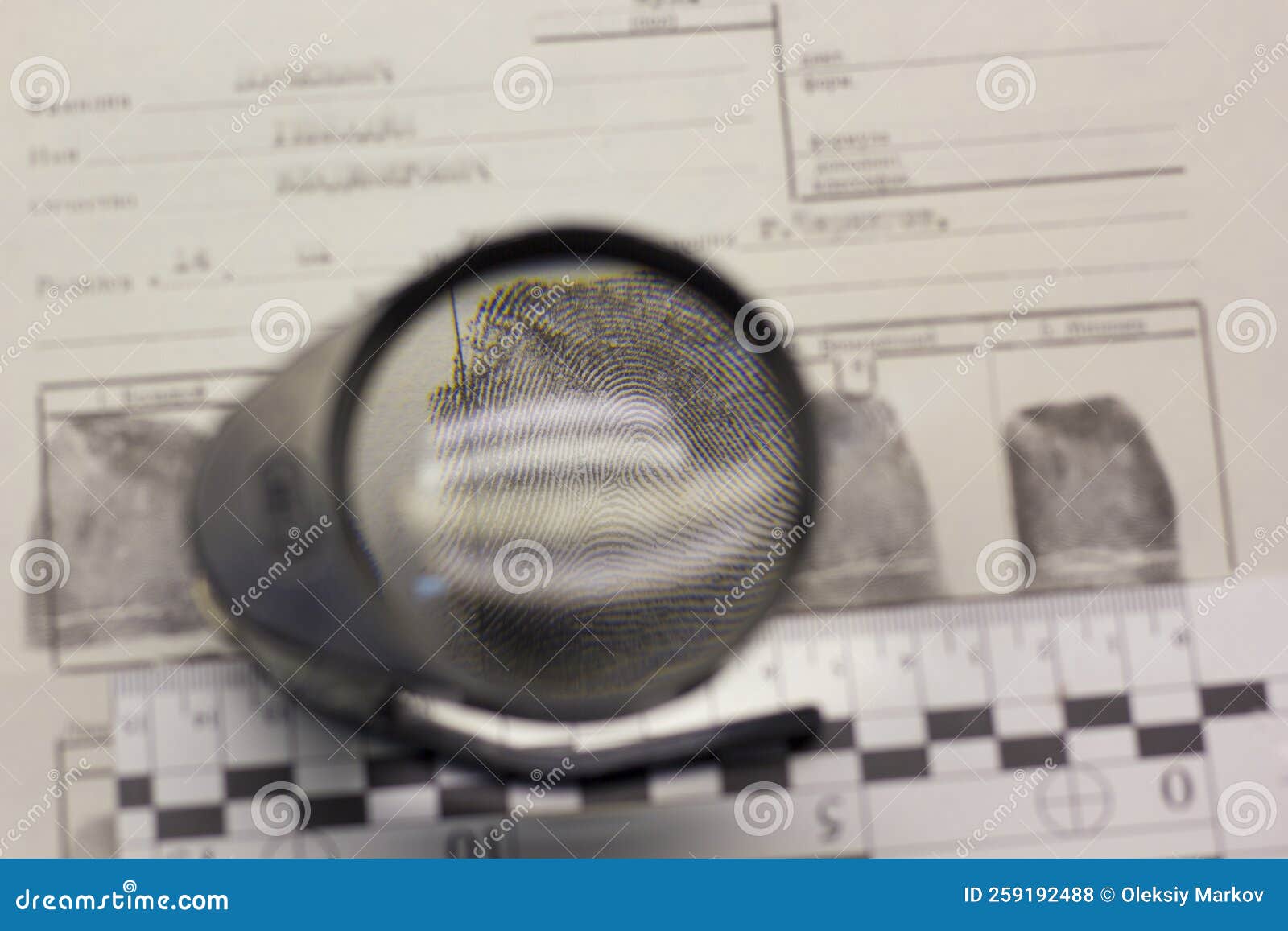 Lens, Fingerprints and Forensic Ruler on Fingerprint Card Stock Photo ...