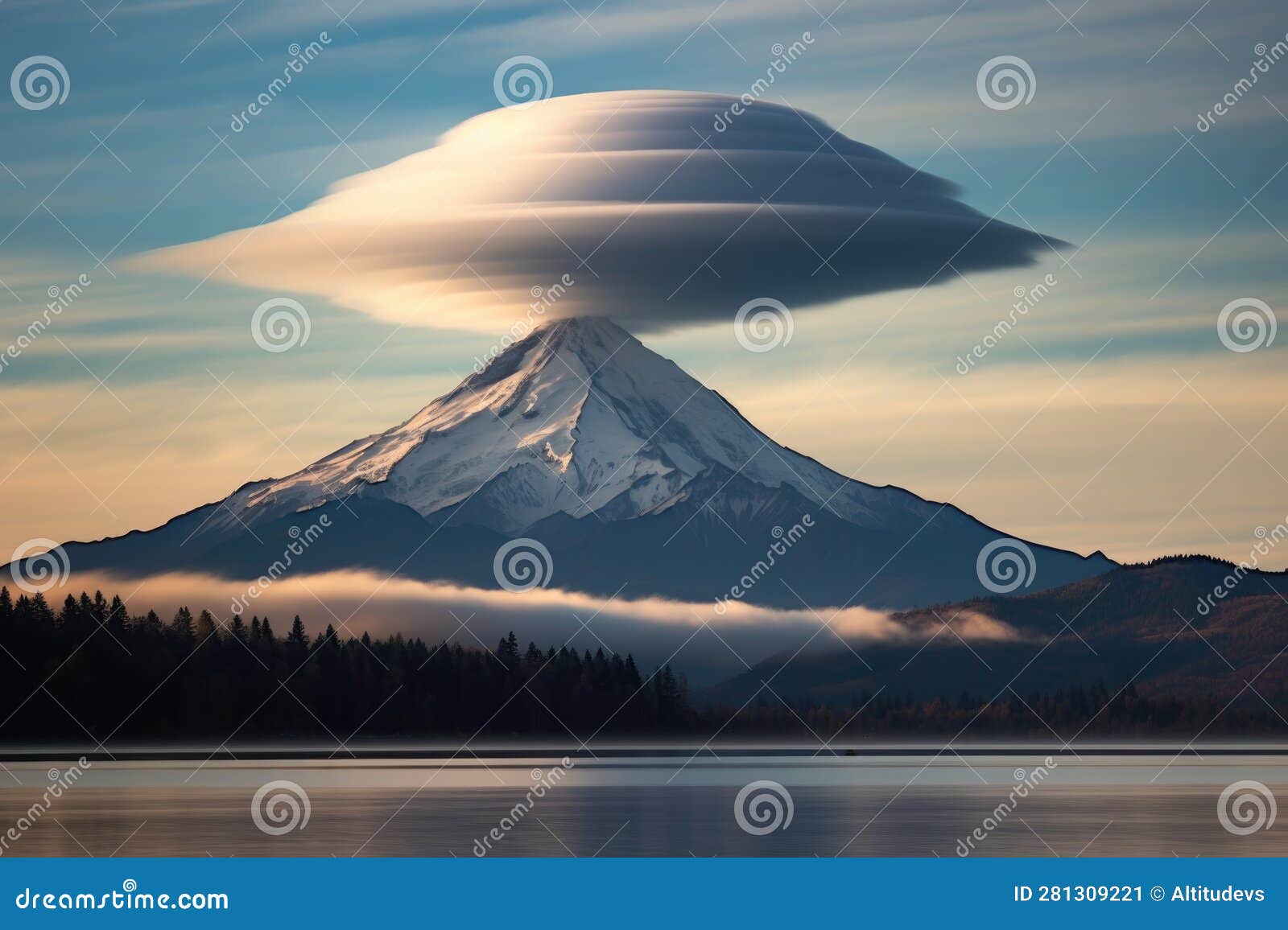 Lenticular Clouds Creating an Optical Illusion of a Floating Mountain Peak Stock Image - Image ...