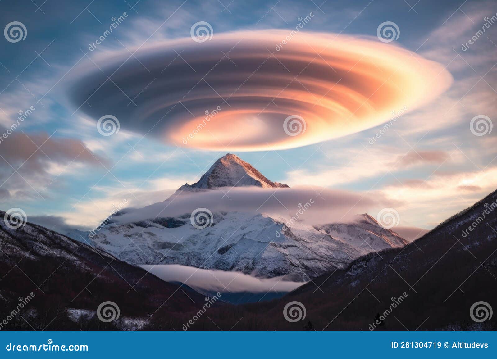 Lenticular Clouds Forming a Natural Frame Around a Mountain Peak Stock ...