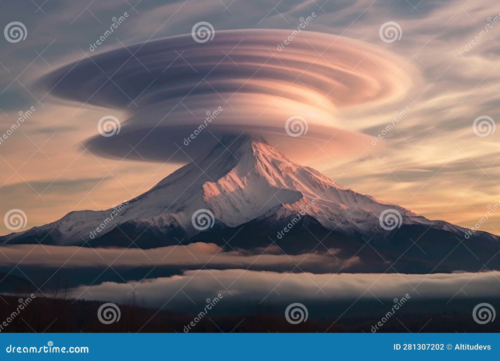 Lenticular Clouds Forming a Natural Frame Around a Mountain Peak Stock ...