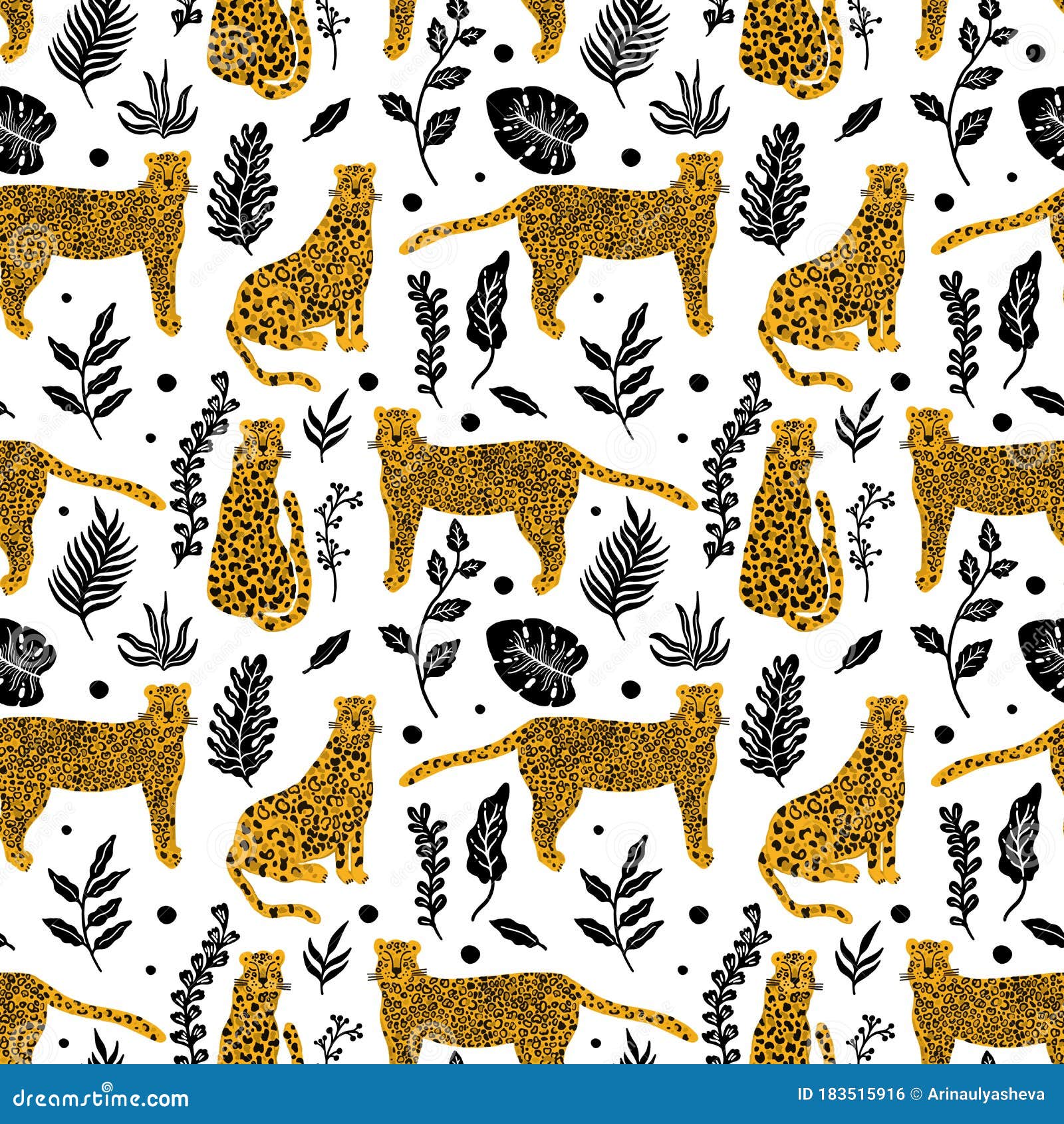 Leopard Animal Seamless Pattern. Tropical Plant Leaves Background Stock ...