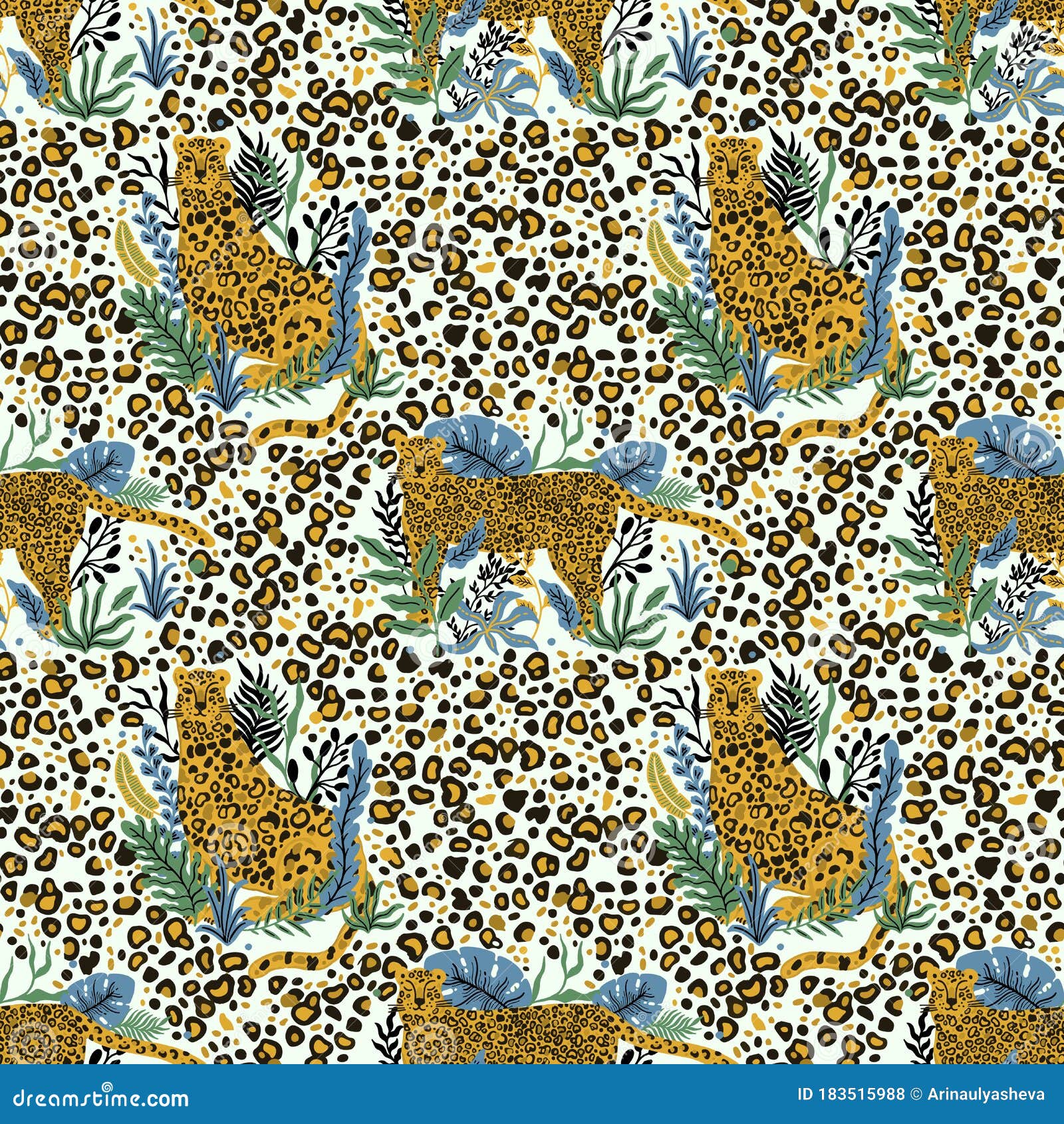 Leopard Animal Seamless Pattern. Tropical Plant Leaves Background Stock ...