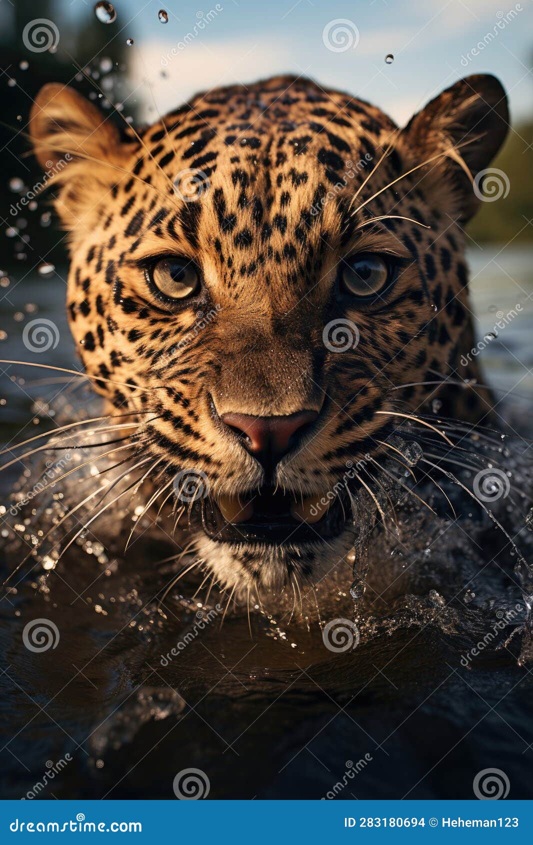 Closeup of a Leopard Face Swimming in a River and Rising from the ...