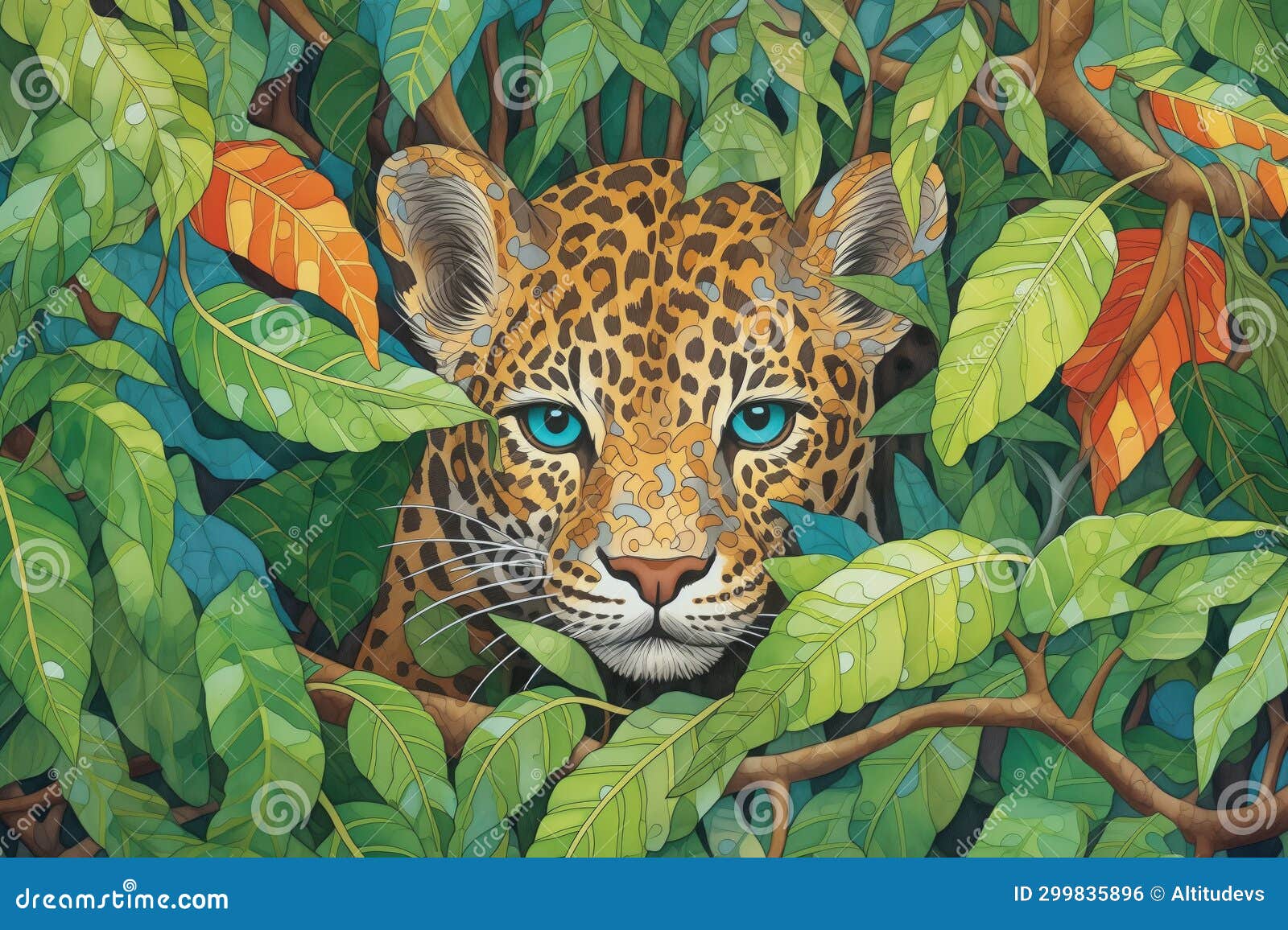 Leopard Camouflaged Amongst Green Leaves on a Tree Stock Photo - Image ...