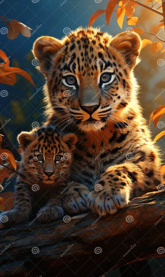 Leopard and Cub Resting on Branch AI Generated Stock Illustration ...