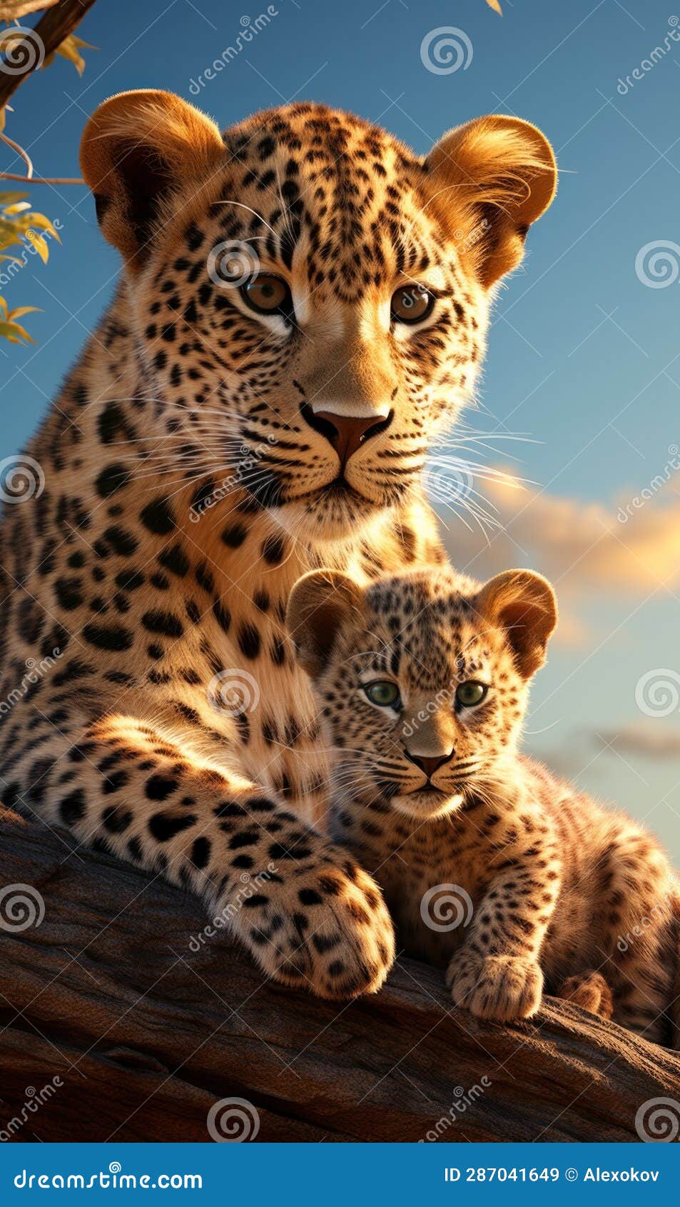 Leopard and Cub Resting on Branch AI Generated Stock Illustration ...
