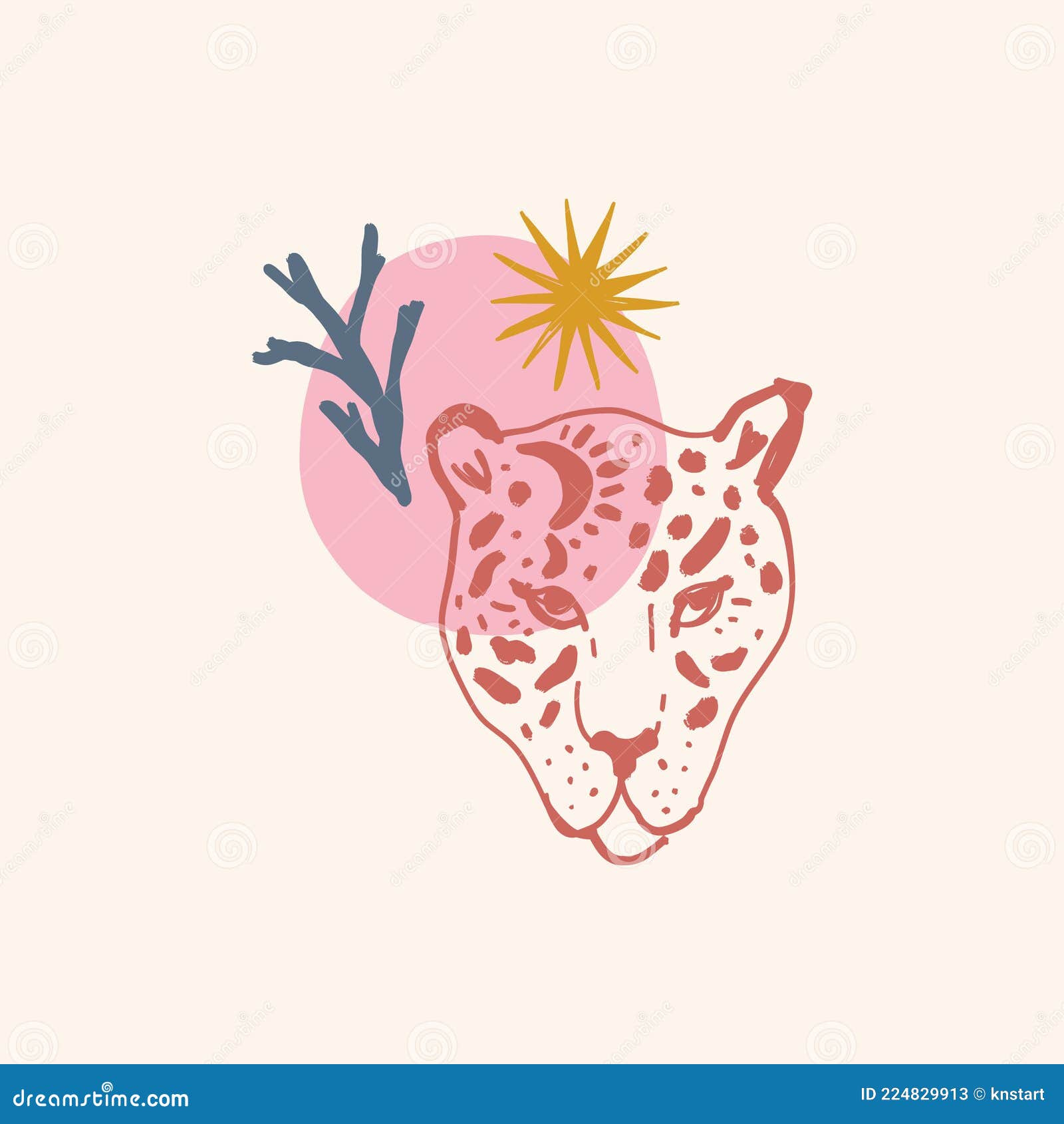 Leopard Face Abstract Drawing Art Print, Collage Shapes Design. Stock ...