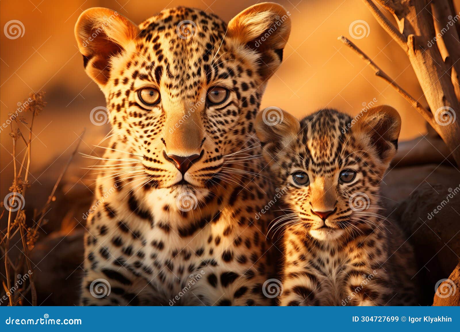 Leopard Family in African Savannah at Sunset Stock Illustration ...