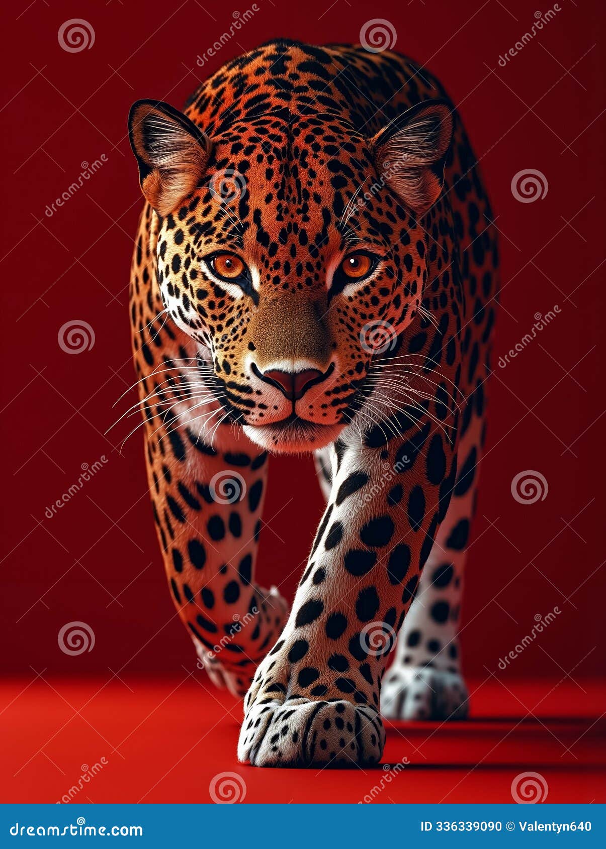 A Leopard Walking Across a Red Surface with a Red Background Stock ...