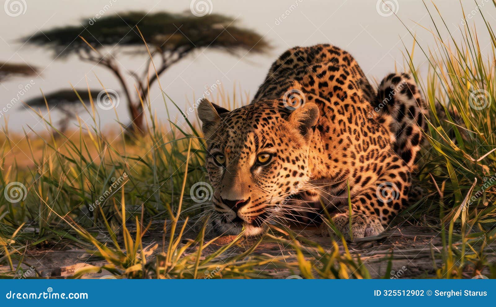 A Leopard in the Grass with Trees Behind it, AI Stock Photo - Image of ...