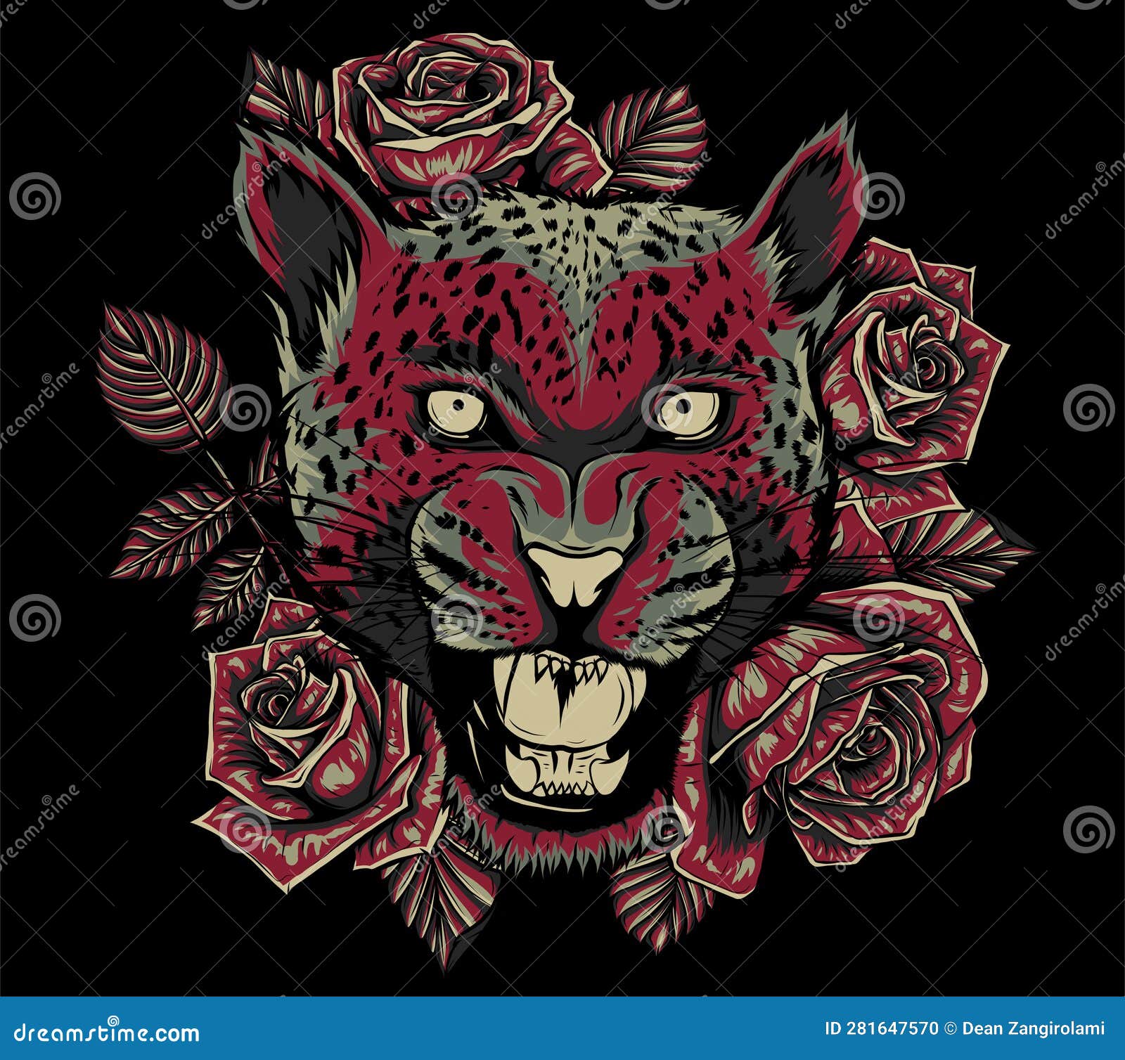Leopard Head with Roses on Black Background Vector Illustration Stock ...