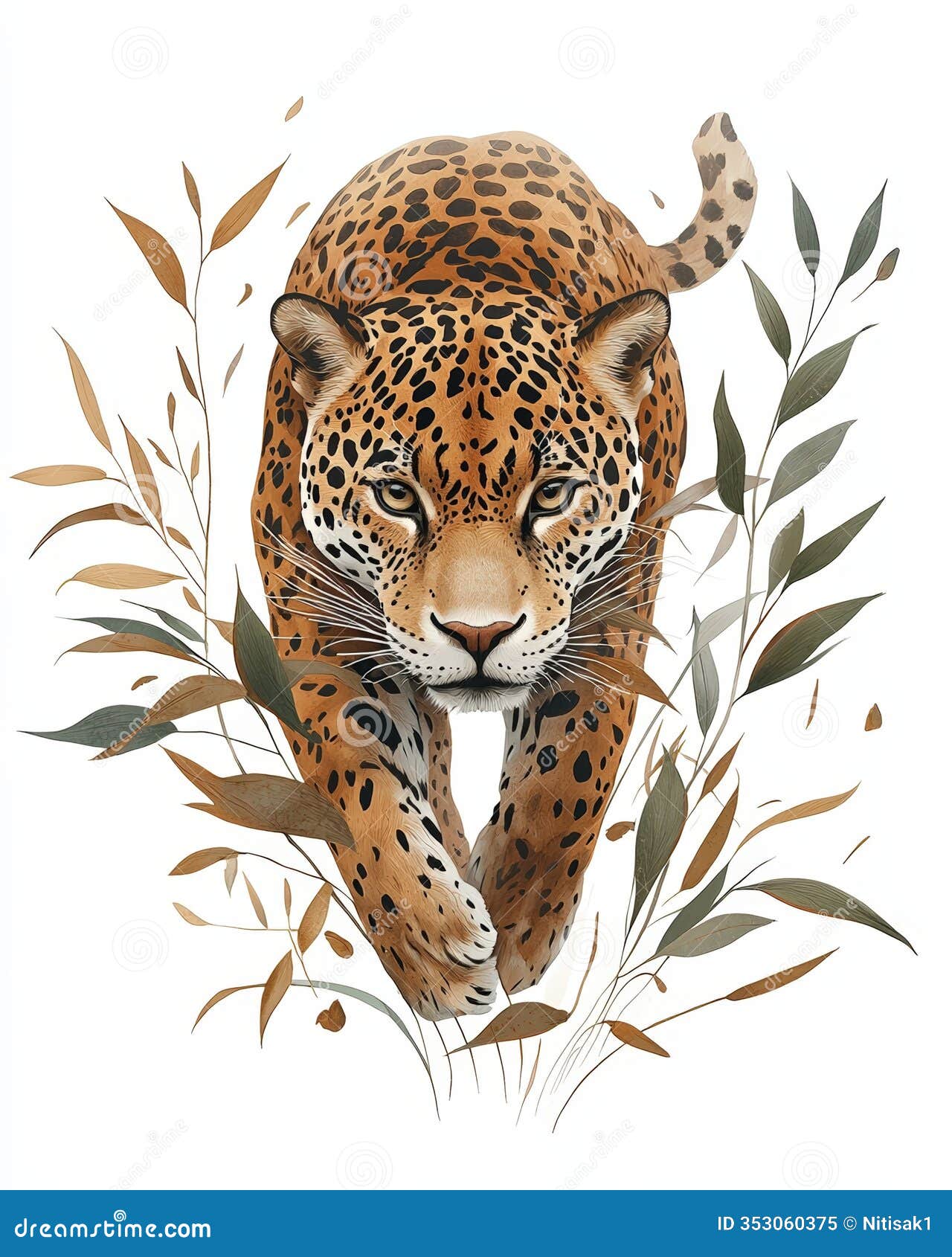 Leopard Jumping with Foliage White Background Stock Illustration ...