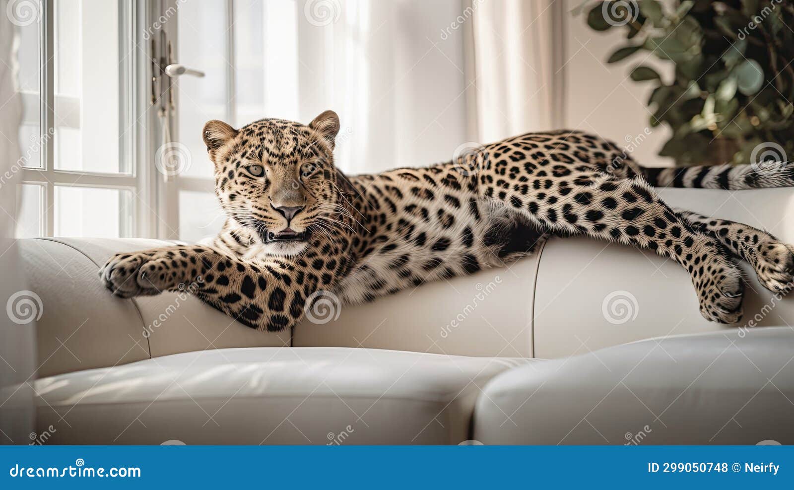 Leopard laying on sofa stock photo. Image of large, claw - 299050748