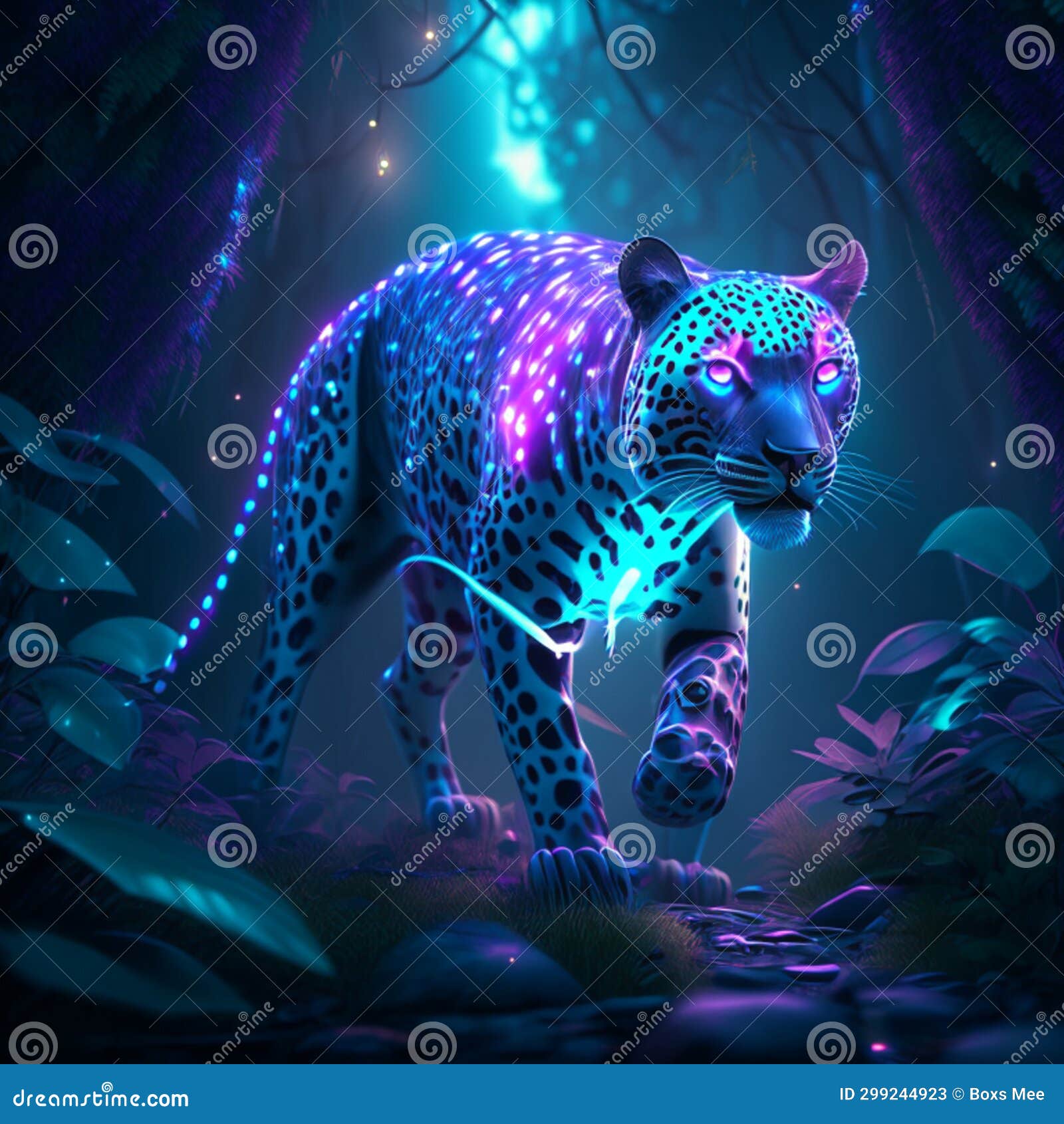 Leopard in the Night Forest with Neon Lights. 3d Rendering Generative ...