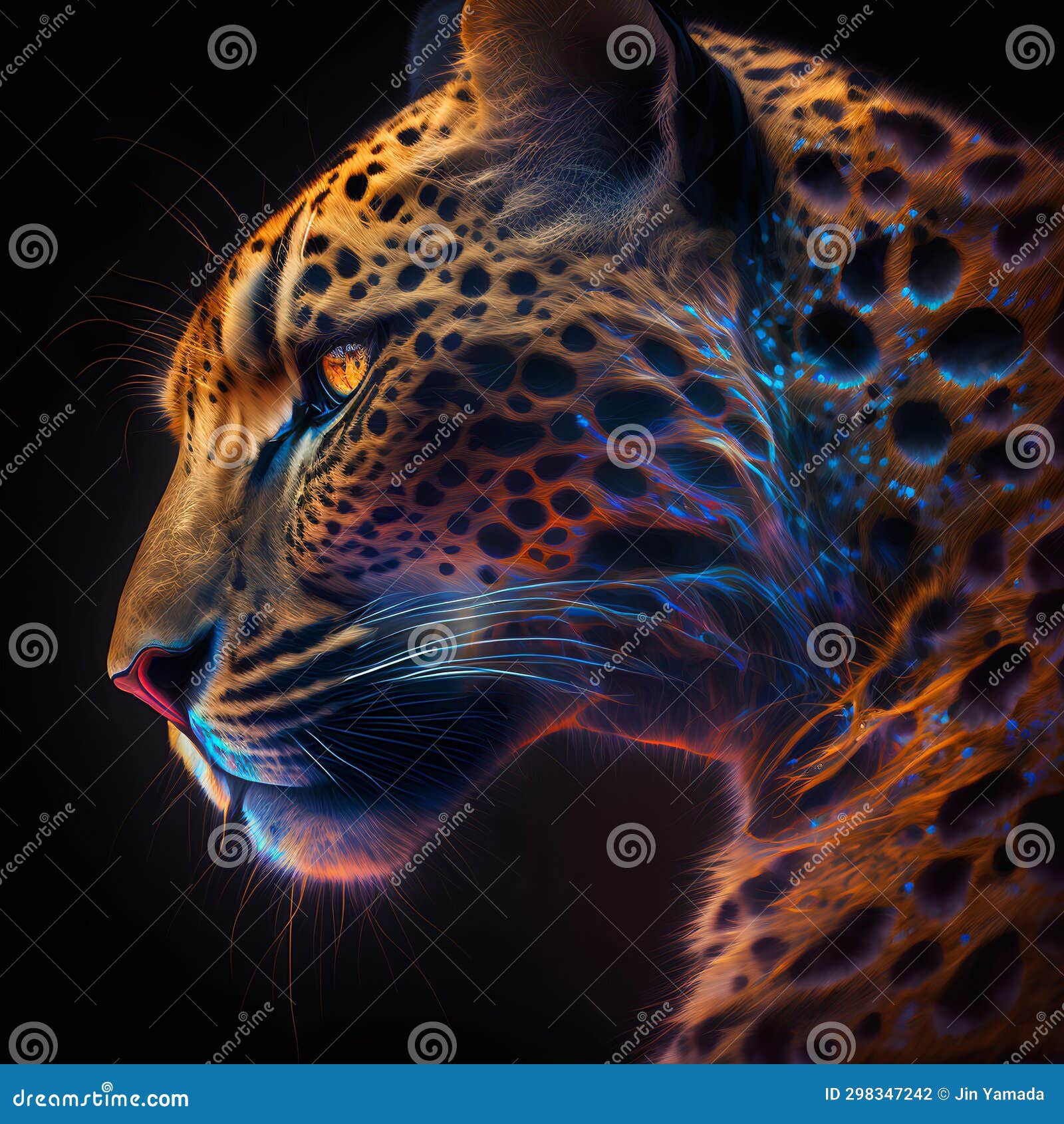 Leopard Portrait with Colorful Lights on a Black Background. 3d ...