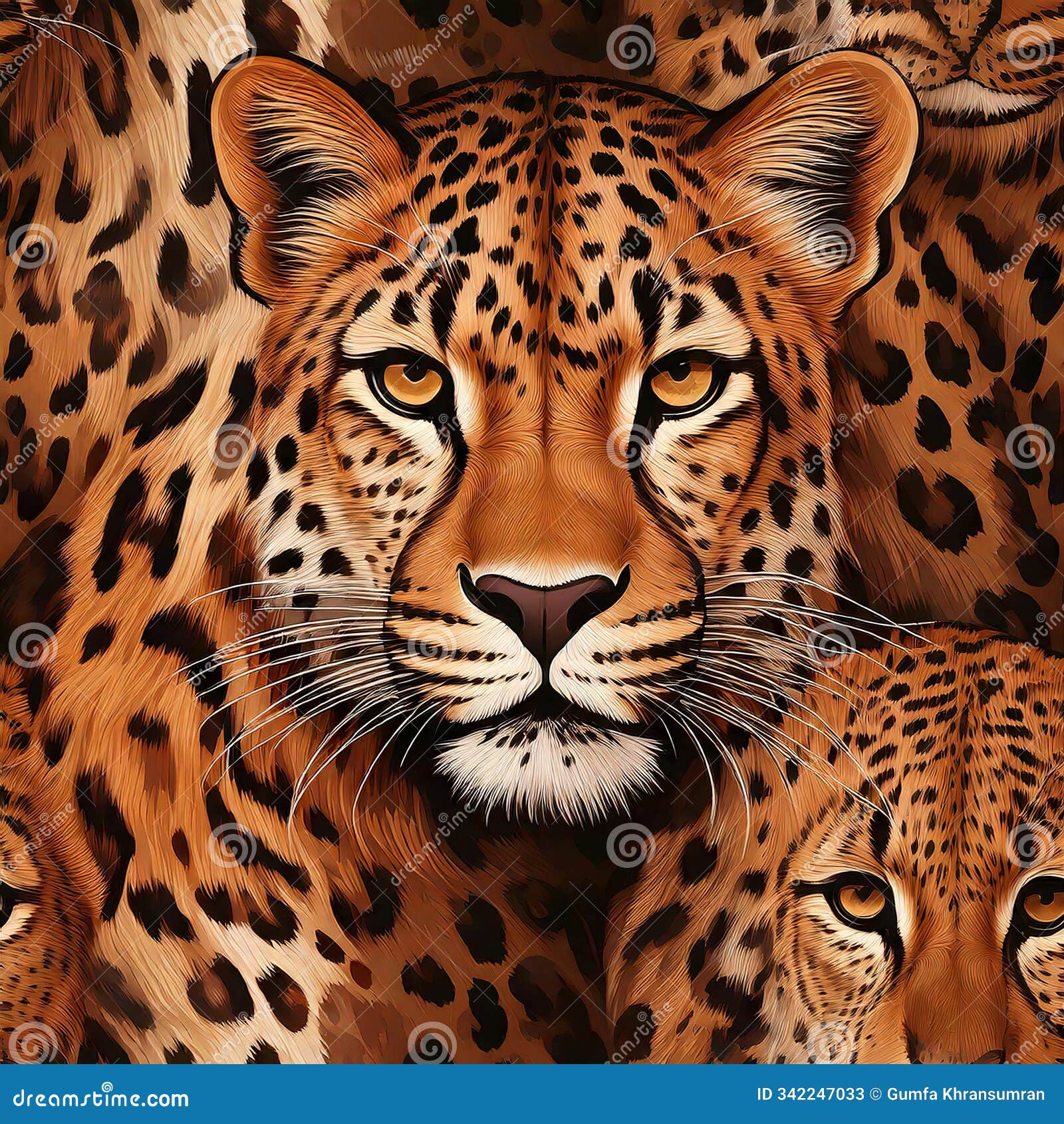 Leopard Print Pattern Featuring Detailed Animal Faces in Natural Tones ...