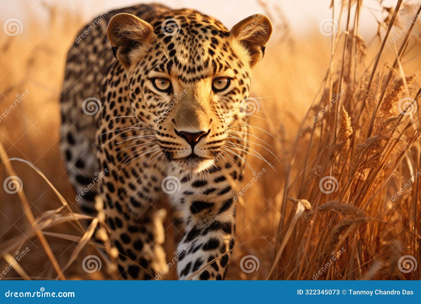Leopard Prowling through the Tall Grass of the Plains. Close Up of a ...