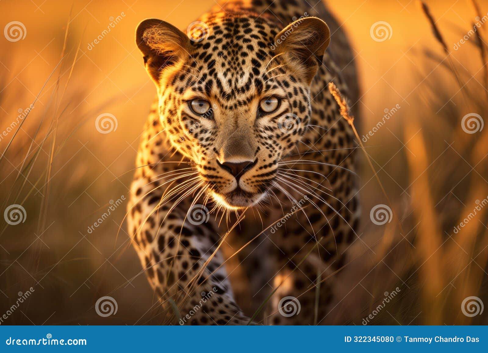 Leopard Prowling through the Tall Grass of the Plains. Close Up of a ...