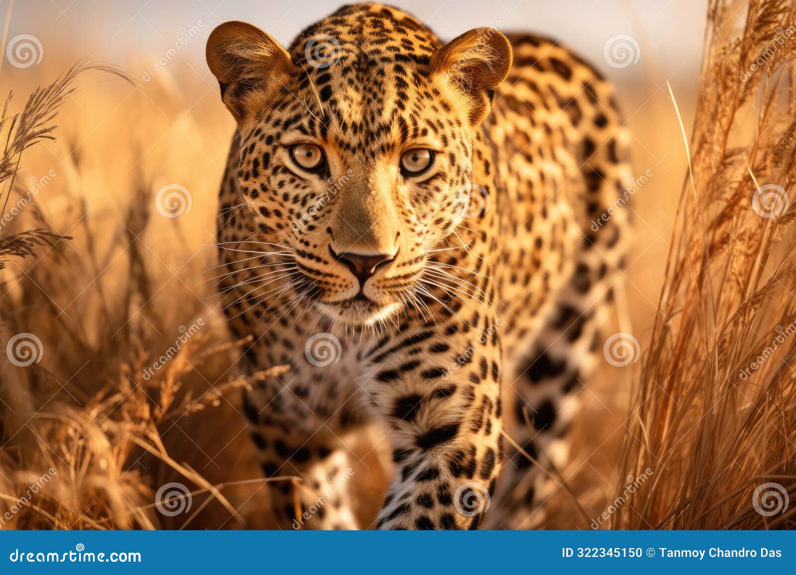 Leopard Prowling through the Tall Grass of the Plains. Wild African ...