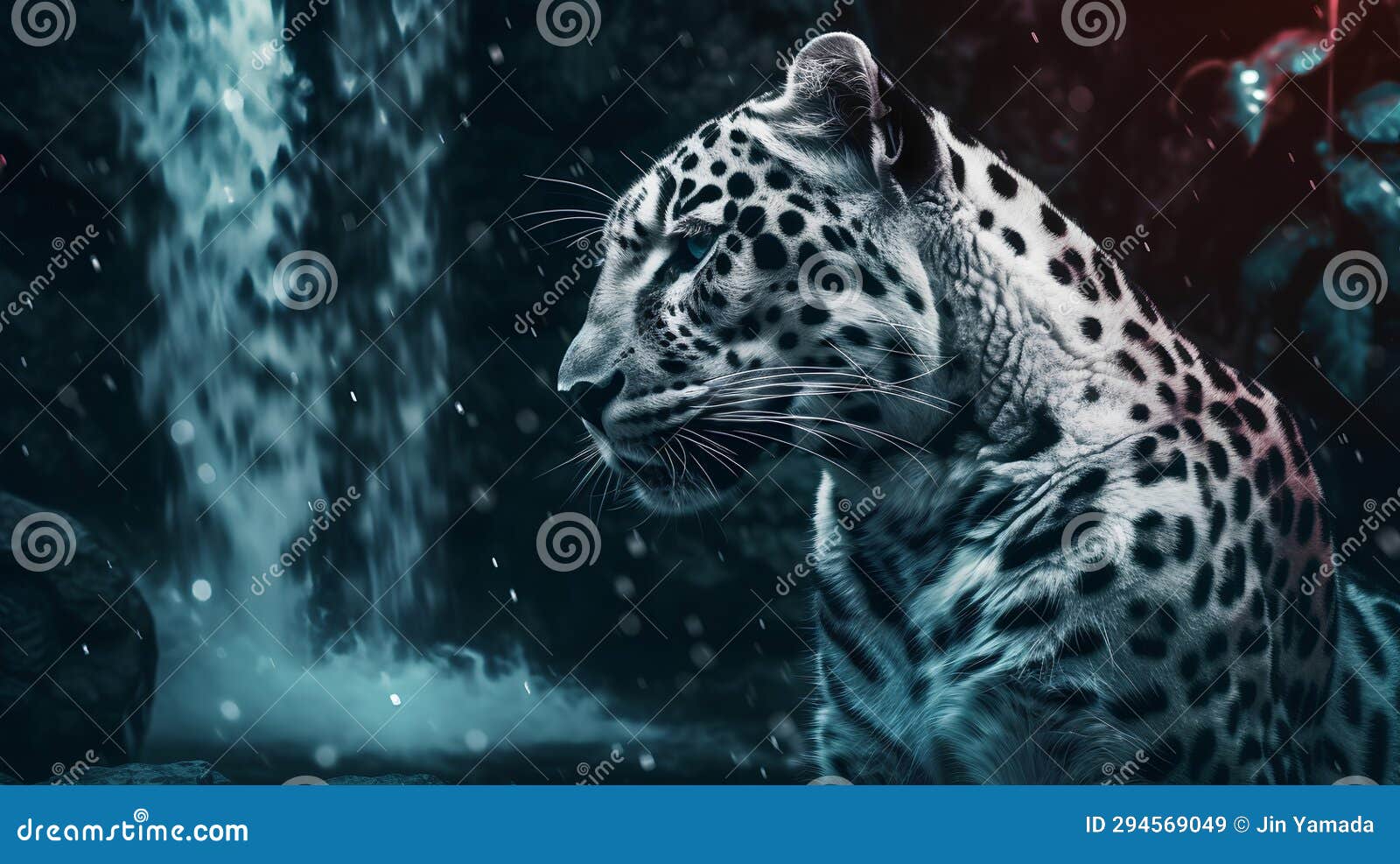 Leopard in the Rain with a Waterfall in the Background. 3d Rendering ...