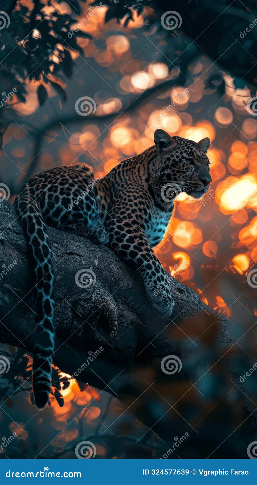 Leopard Resting on a Tree Branch at Sunset, Atmospheric Wildlife Scene ...