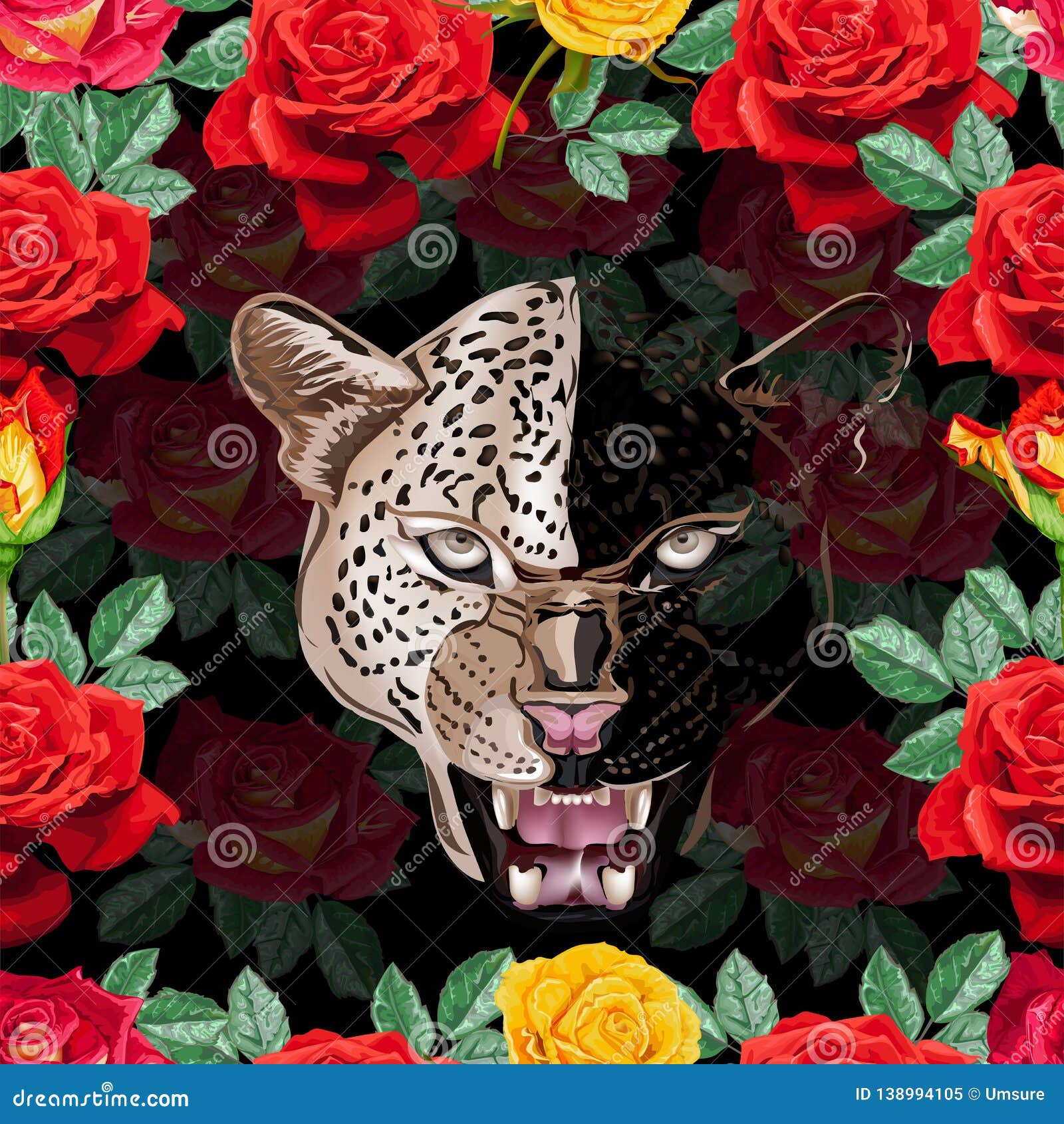 Leopard with Roses Seamless Pattern Stock Vector - Illustration of ...
