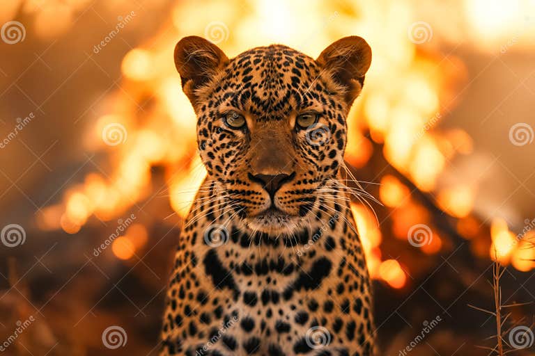 A Leopard Sitting in Front of a Fire in the Wild. Generative AI Stock ...