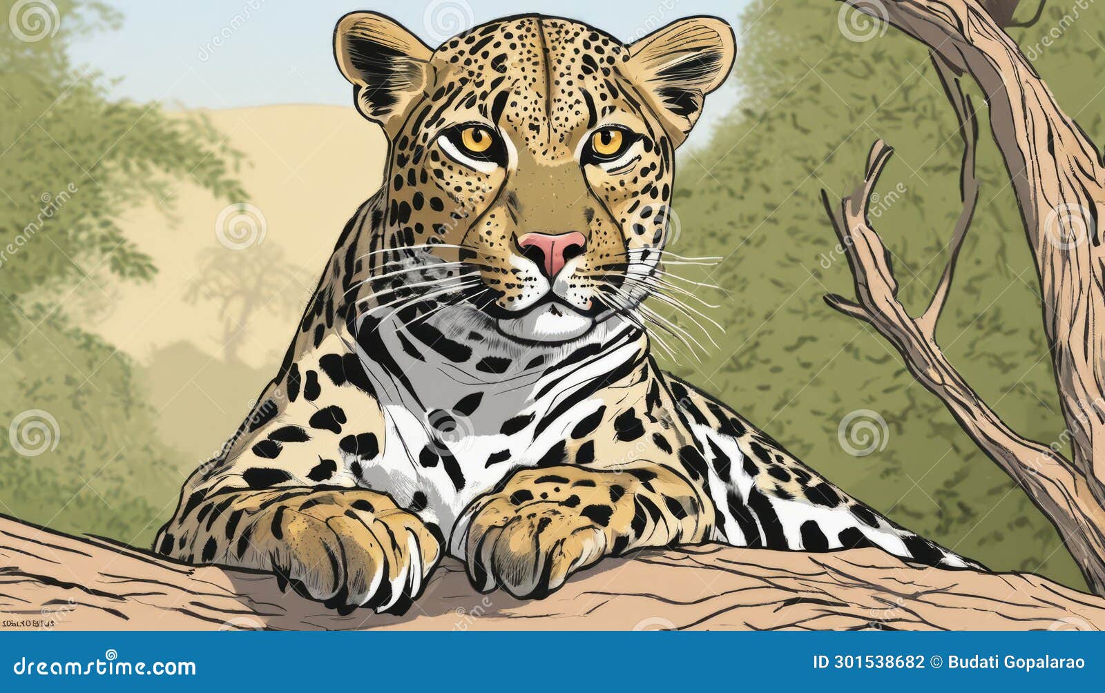 A Leopard Sitting on a Tree Branch Stock Illustration - Illustration of ...