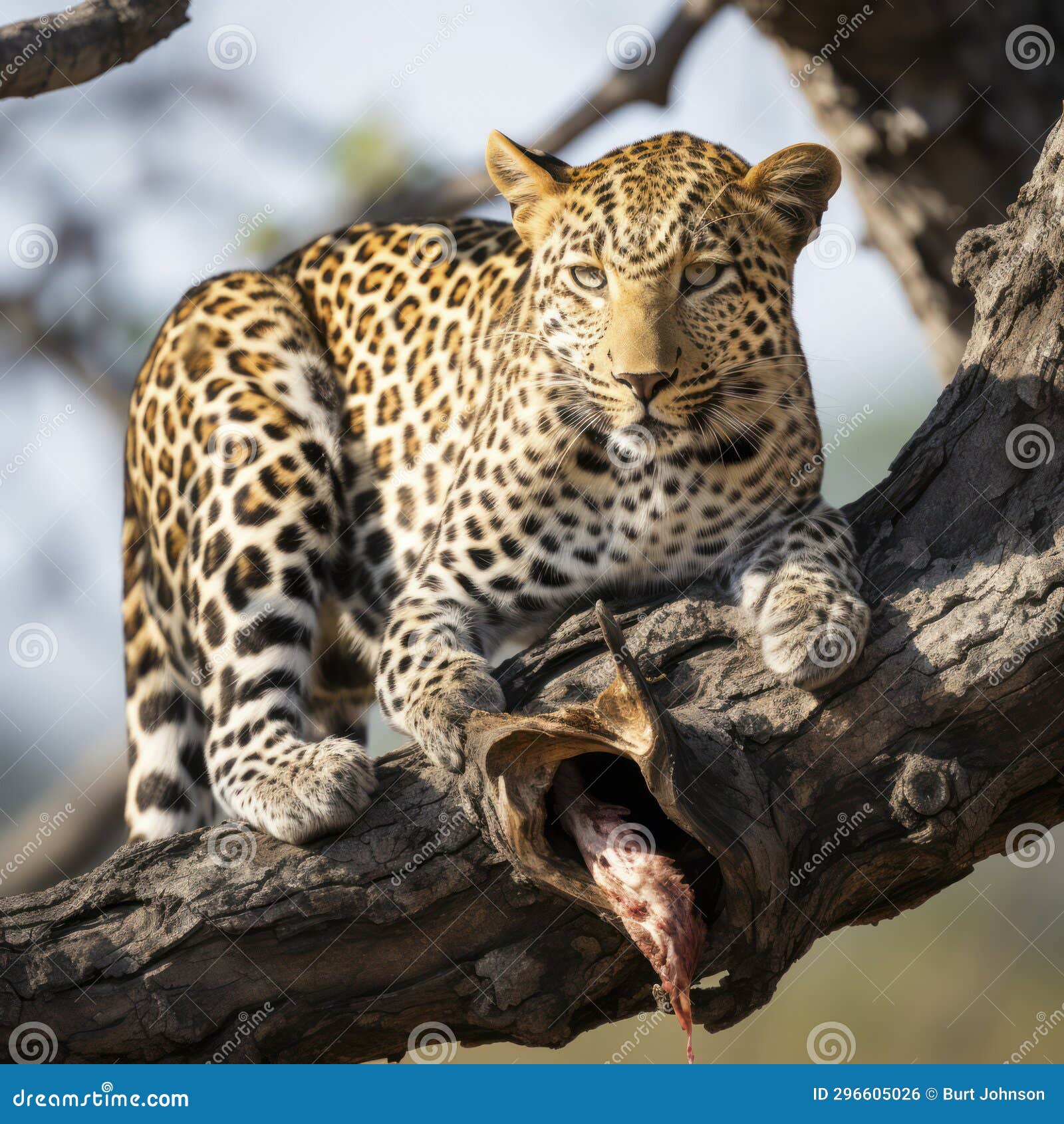 Leopard Sitting in Tree with His Kill Meal Food Stock Photo - Image of ...