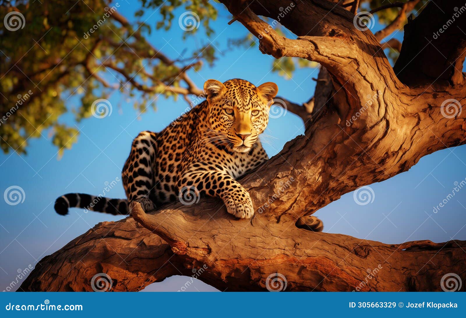 Leopard Sitting on a Tree in the Savannah Stock Image - Image of ...