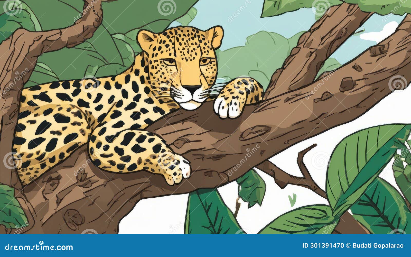 A Sleeping Leopard Lies On A Tree Branch In The Savannah. Predator In ...