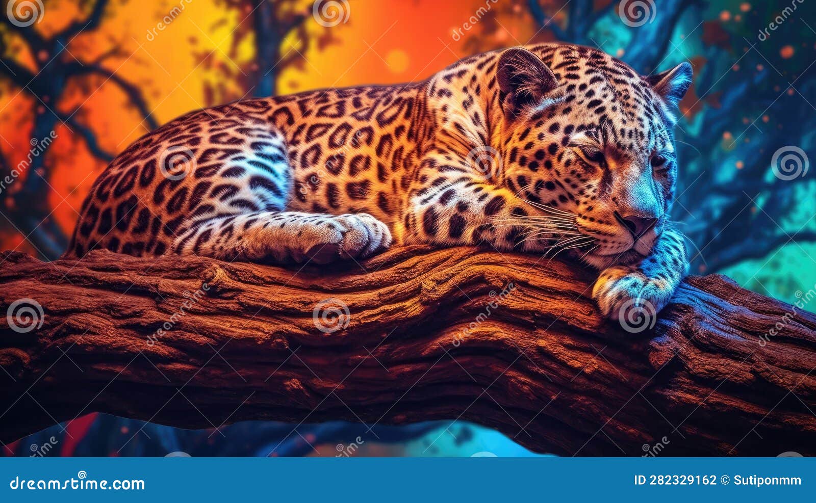 A Sleeping Leopard Lies On A Tree Branch In The Savannah. Predator In ...