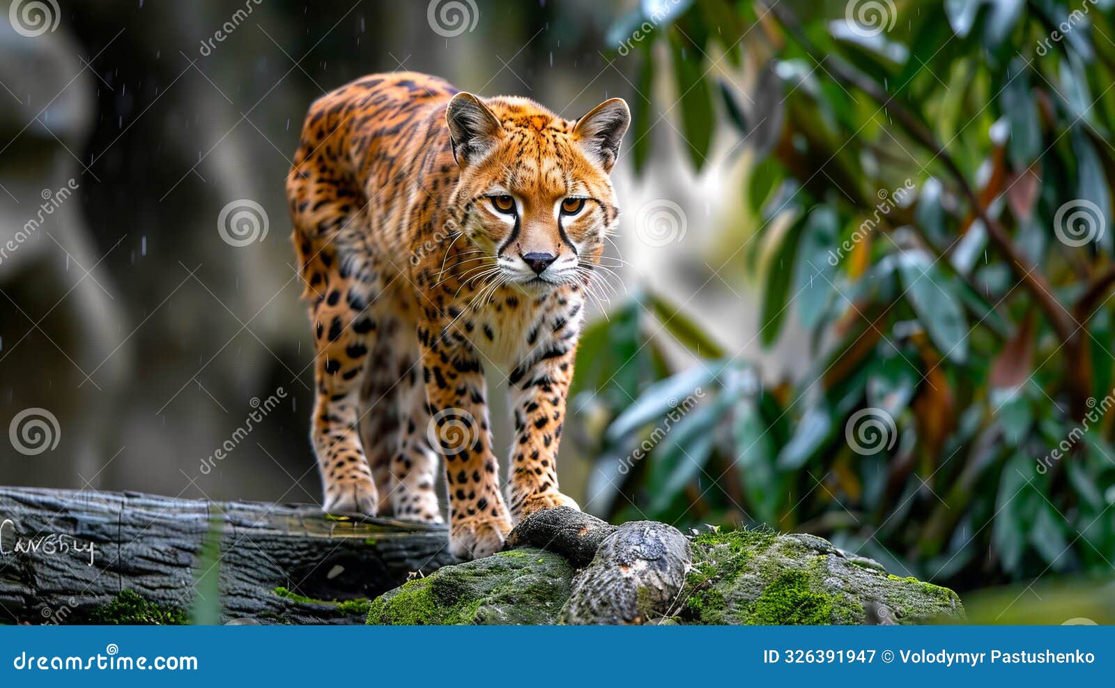 A Leopard is Standing on a Rock in the Rain Stock Image - Image of rock ...