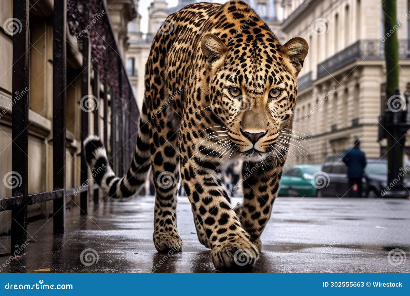 Leopard Strolling through a Bustling City Street, AI-generated. Stock ...