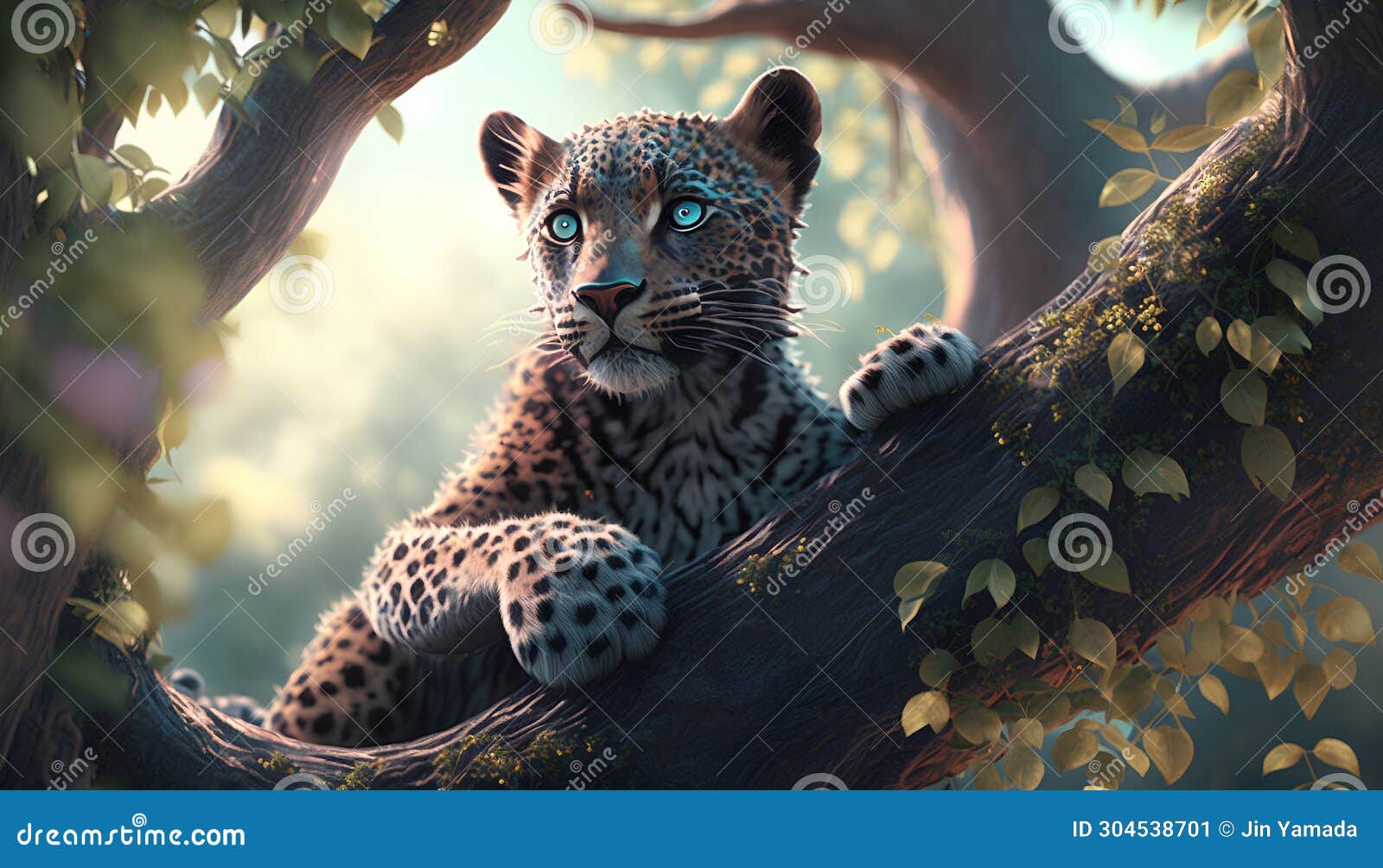 Leopard on a Tree in the Forest. 3D Illustration Stock Illustration ...