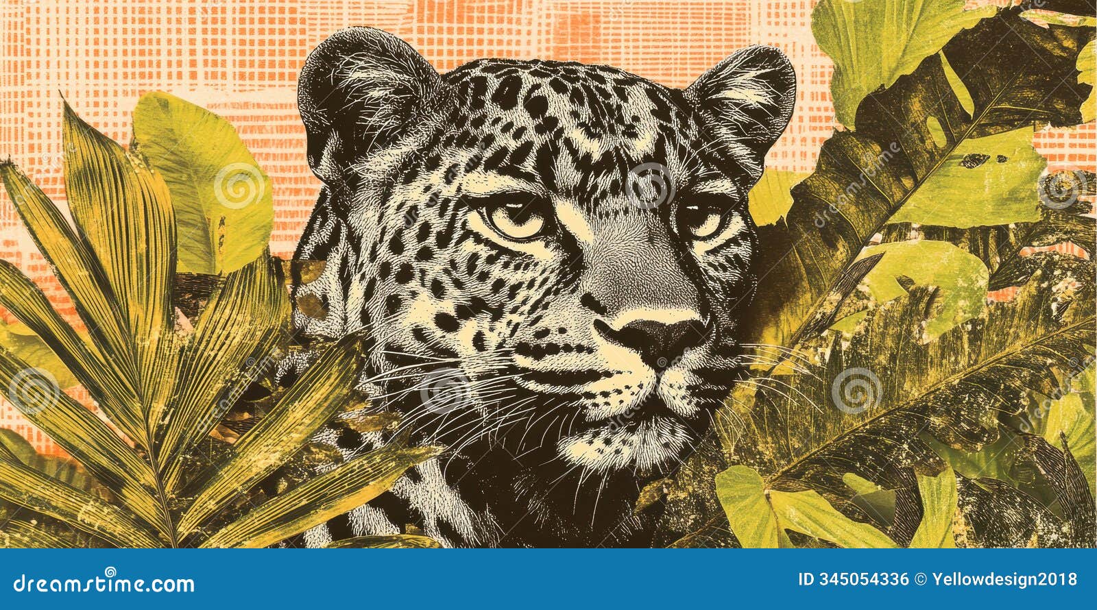 Leopard in Tropical Jungle Vintage Pop Art Illustration with Textured ...