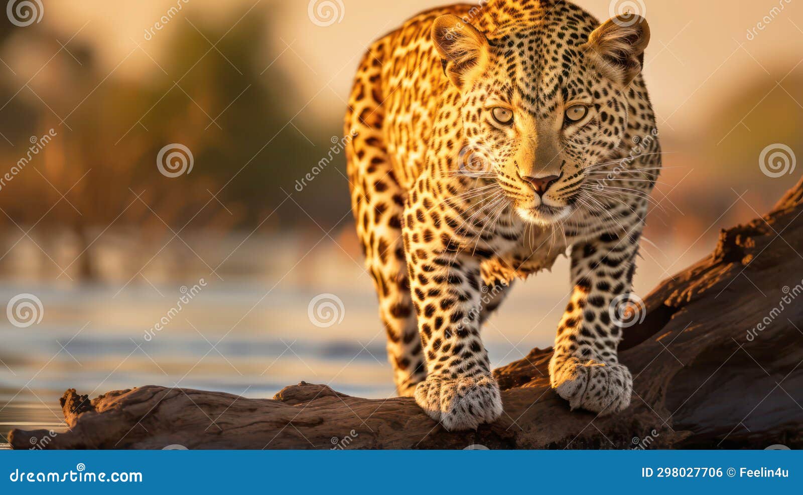 A Leopard Walking Across a Log in the Water Stock Illustration ...
