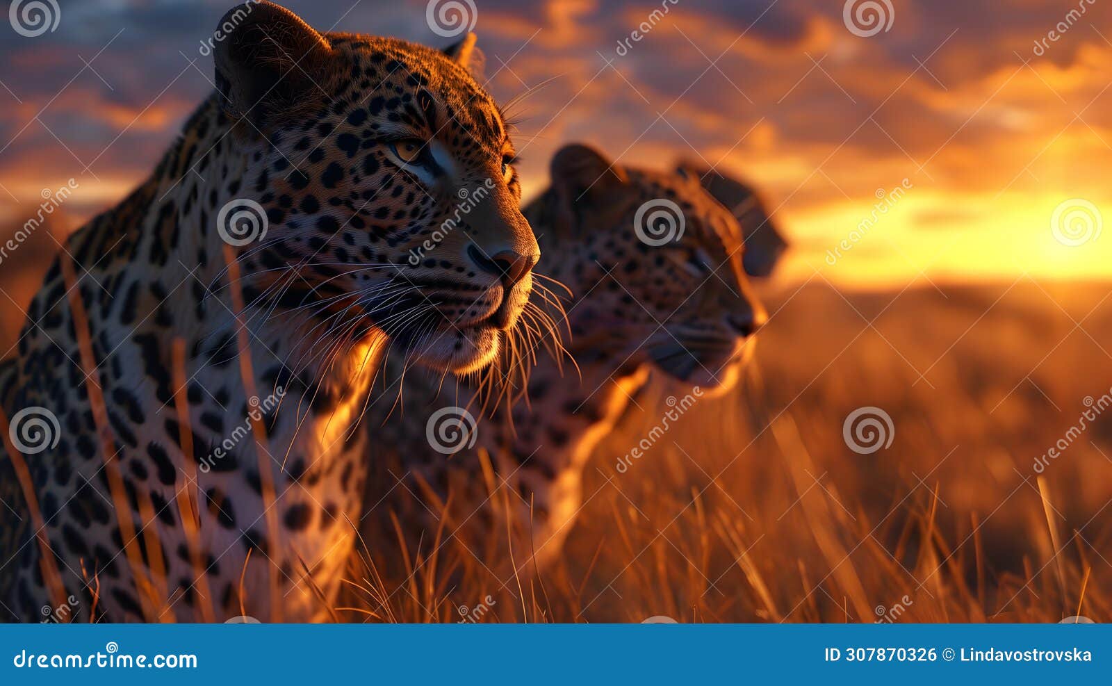 Leopards Standing in the Savanna with Setting Sun Shining. Stock Photo ...