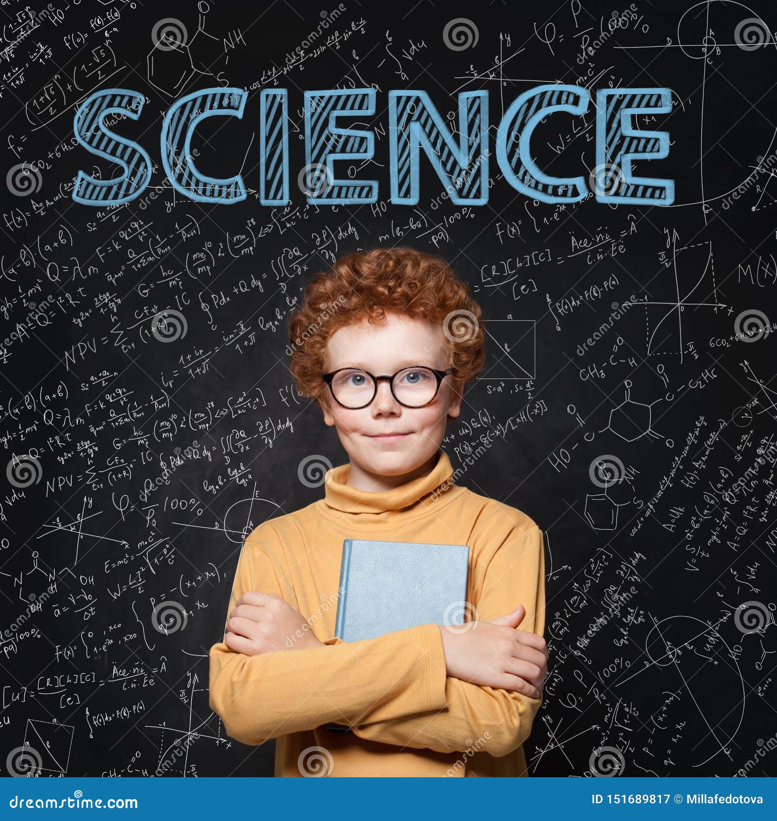 Lern Science. Clever Student Child on Blackboard Background with Maths ...