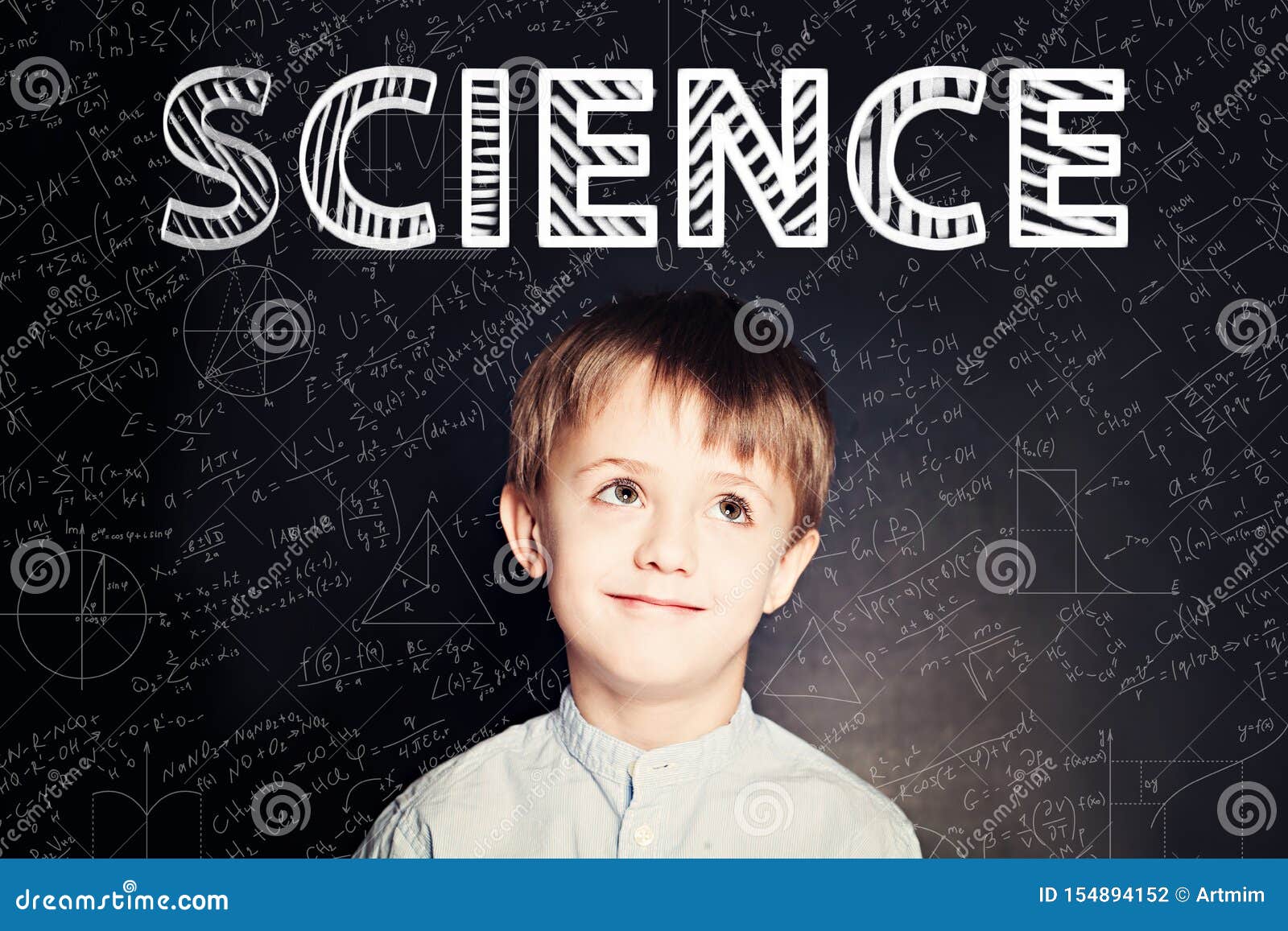 Lern Science. Clever Student Child On Blackboard Background Royalty ...