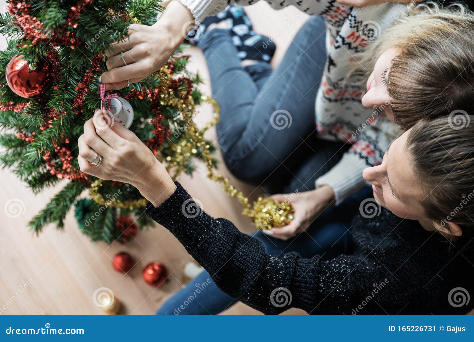 Lesbian Couple Decorating Christmas Tree Stock Image Image Of Bell