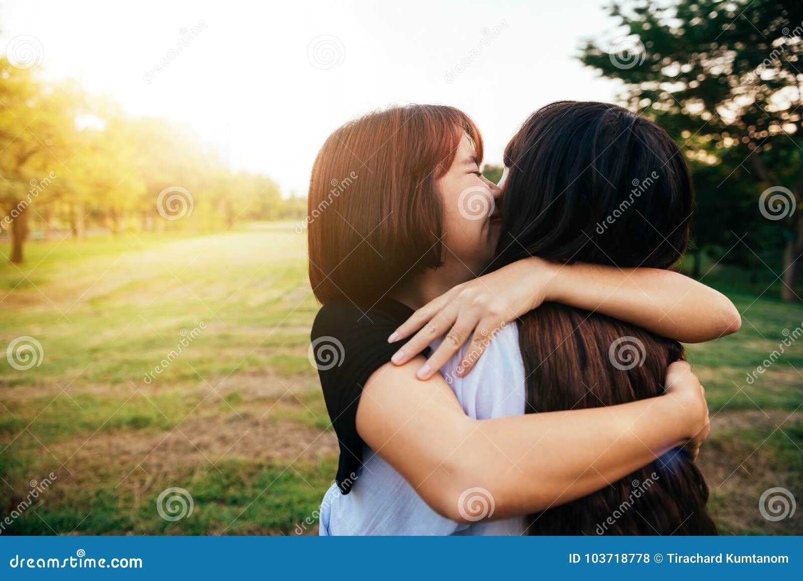 Lesbian Couple Embraced Together Relation Fall In Love Two Asian Women