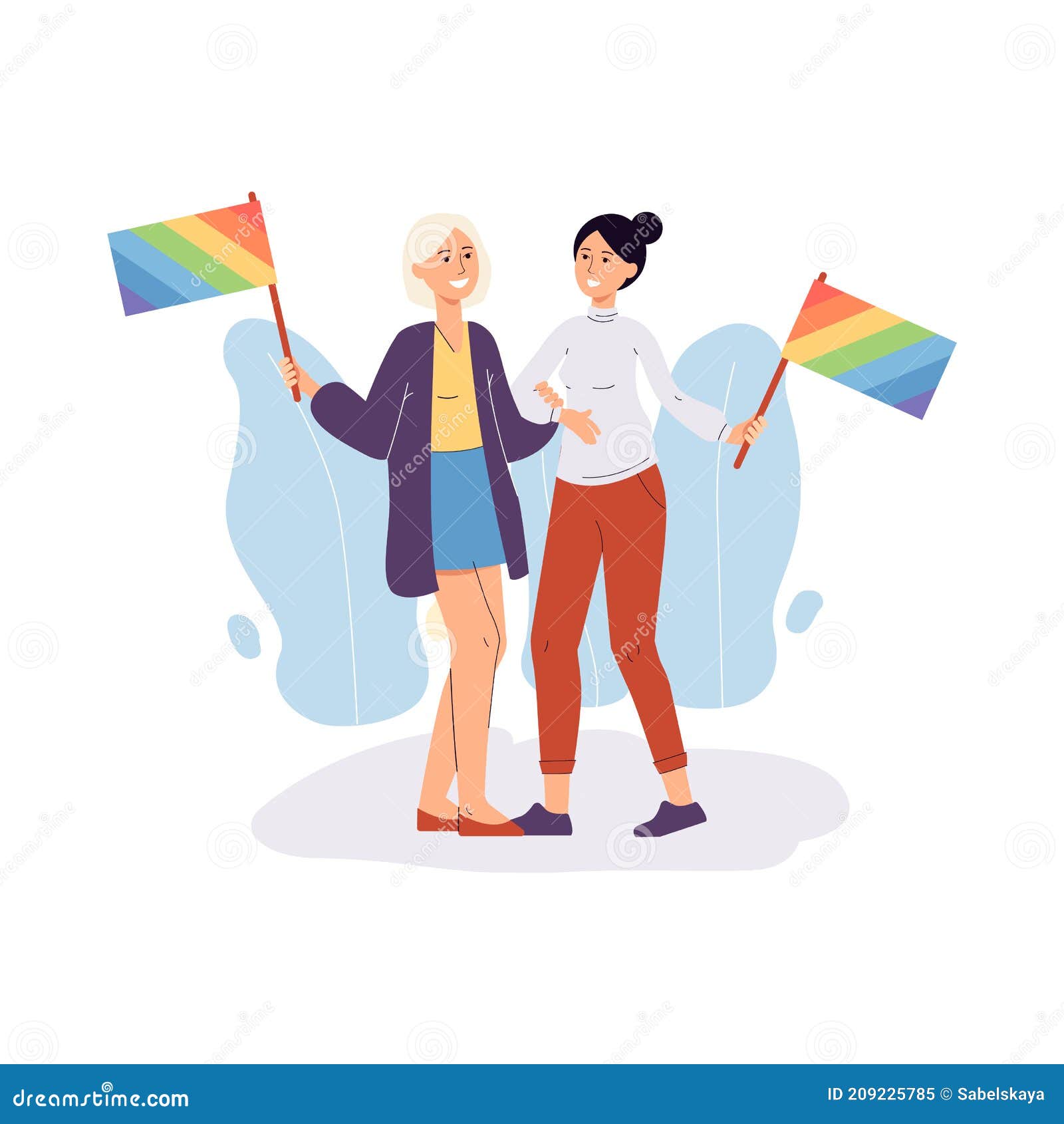 Lesbian Couple Hugging Holding Rainbow Flags Flat Vector Illustration