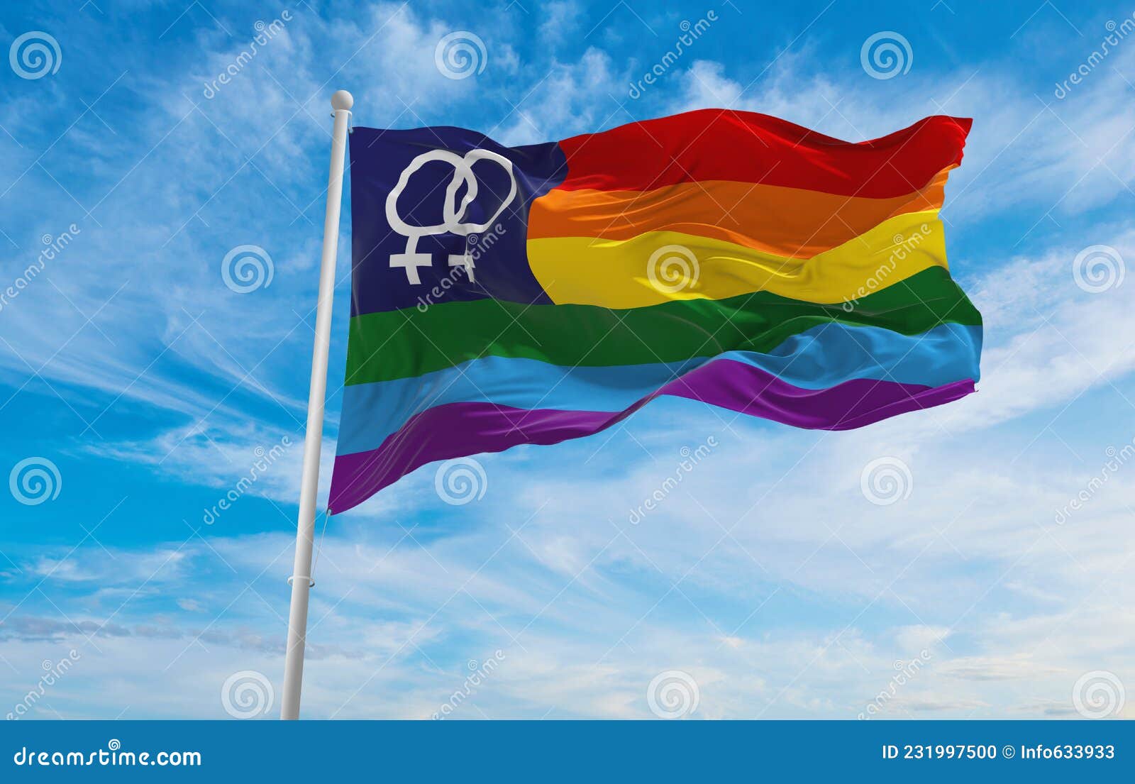 Lesbian Pride Double Venus Canton Rainbow Flag Waving In The Wind At