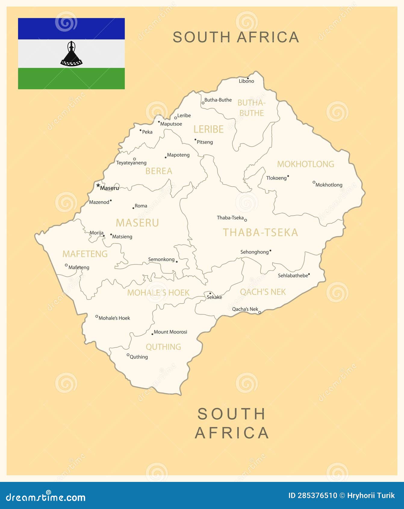 Lesotho Detailed Map With Administrative Divisions And Country Flag