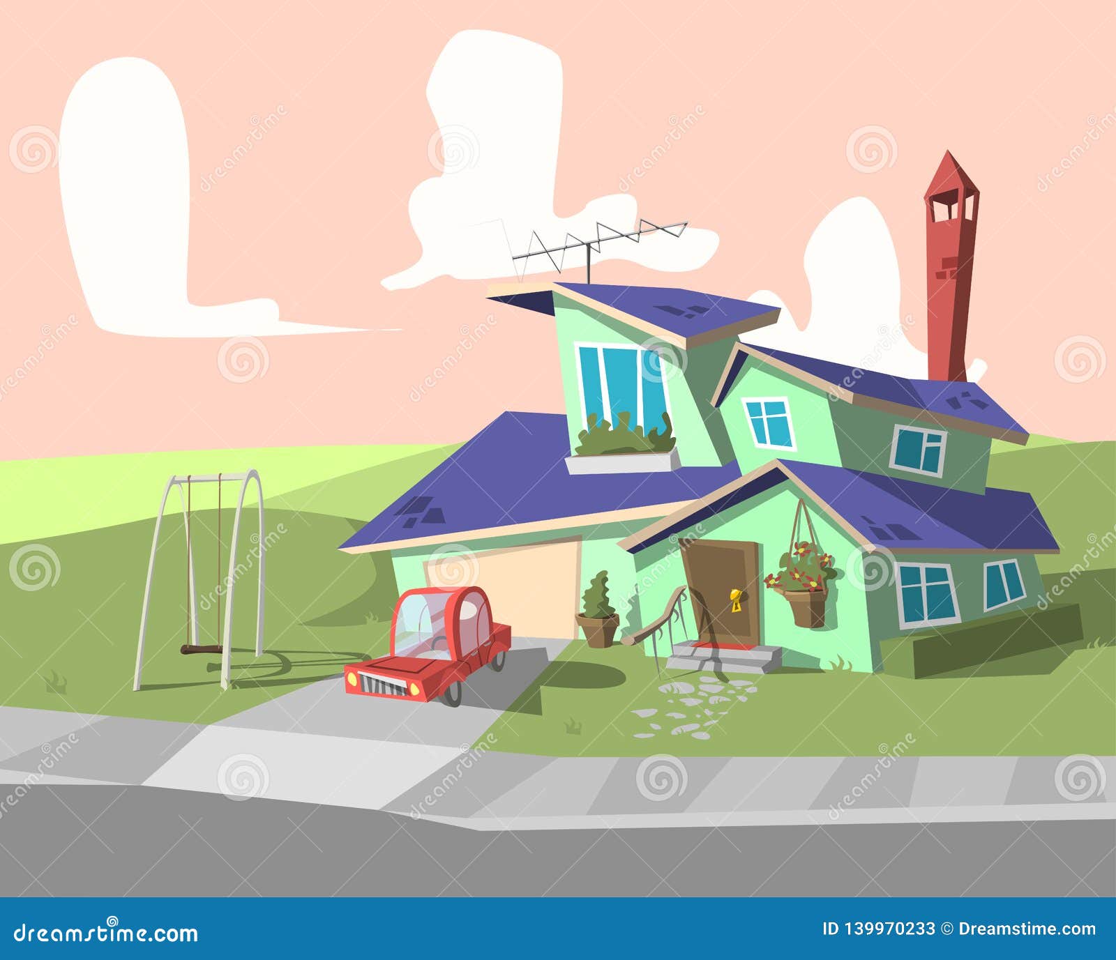 Blue Cartoon House. Llustration of a Cartoon Country House in Spring or ...