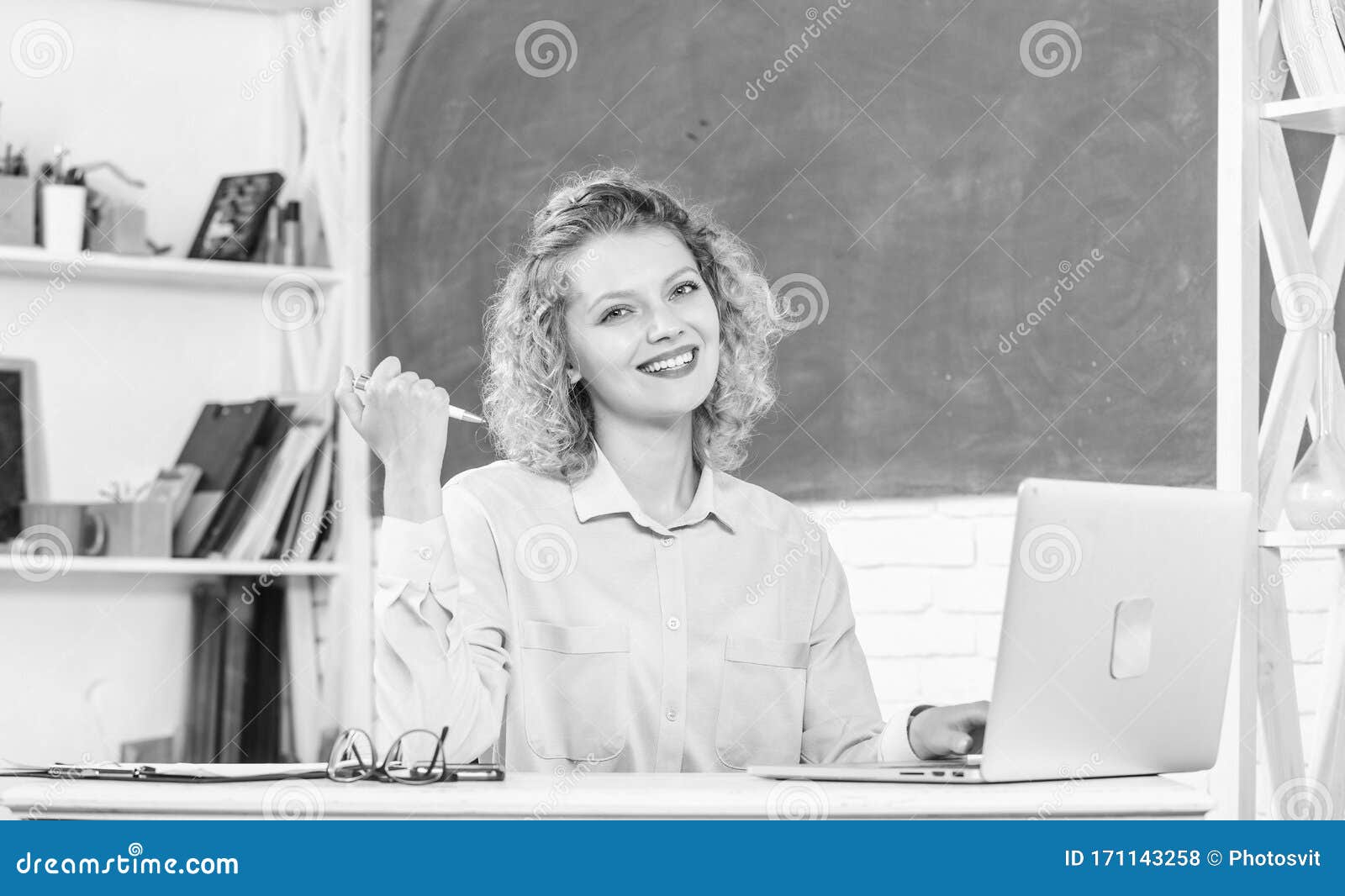 It Lesson with Computer. E-learning Concept. Modern Technology. Girl ...