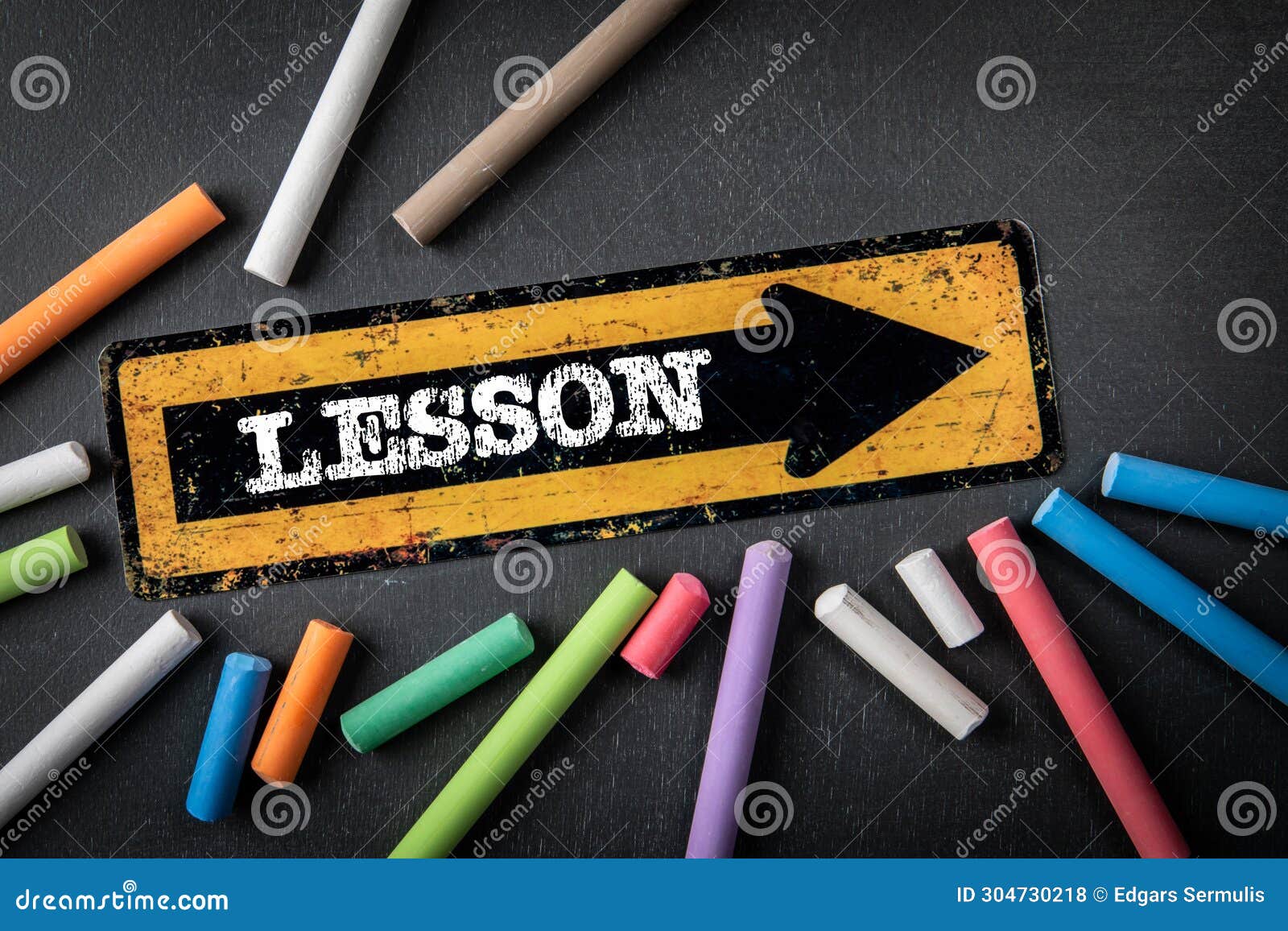 Lesson. Direction Arrow with Text on a Dark Chalkboard Background Stock ...