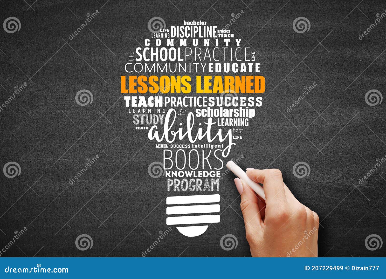 Lessons Learned Light Bulb Word Cloud Collage Stock Image - Image of ...